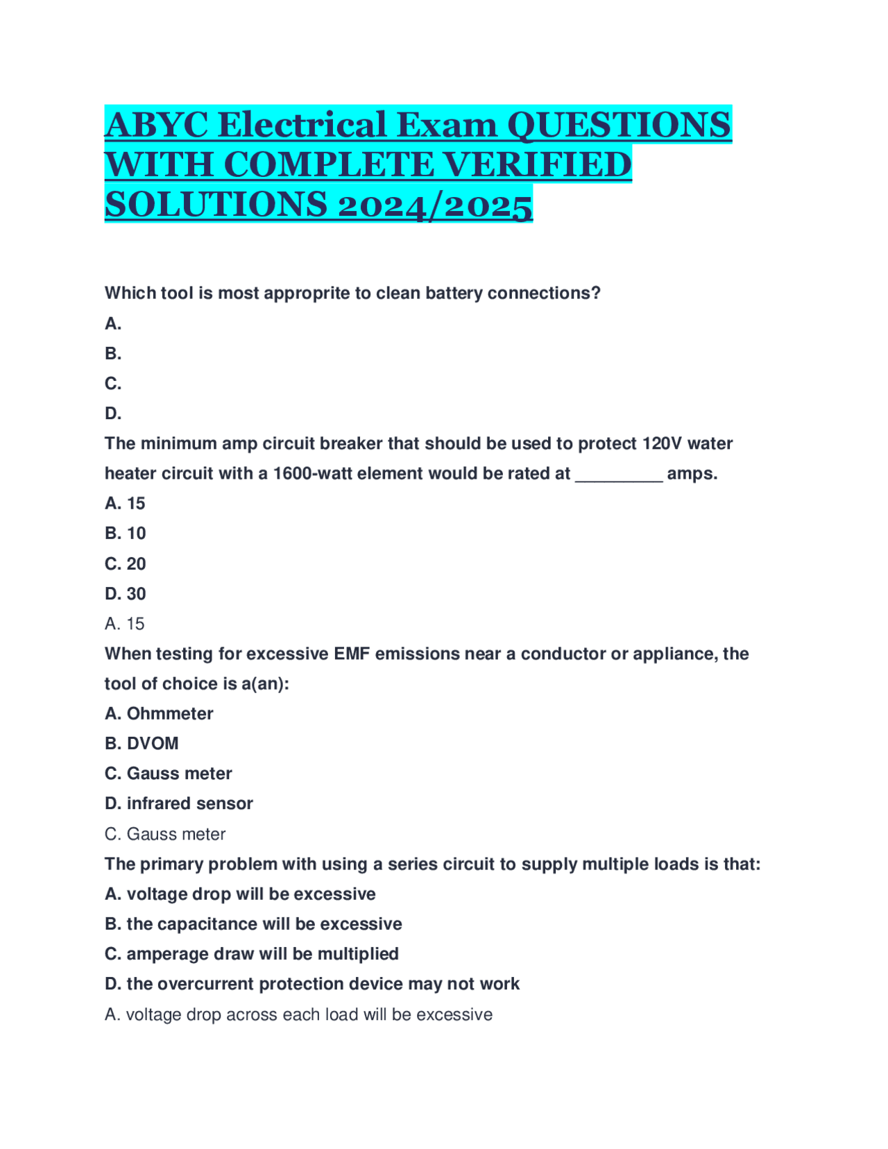 ABYC Electrical Exam QUESTIONS WITH COMPLETE VERIFIED SOLUTIONS 2024 ...