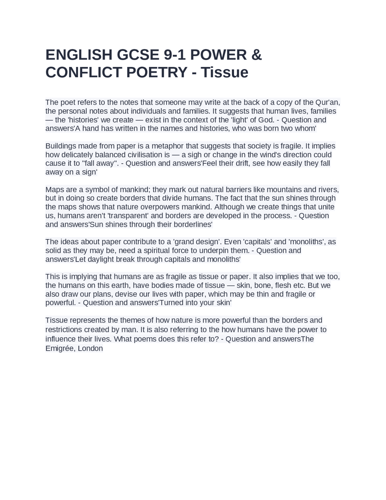 ENGLISH GCSE 9-1 POWER & CONFLICT POETRY Exam Questions and Answers ...