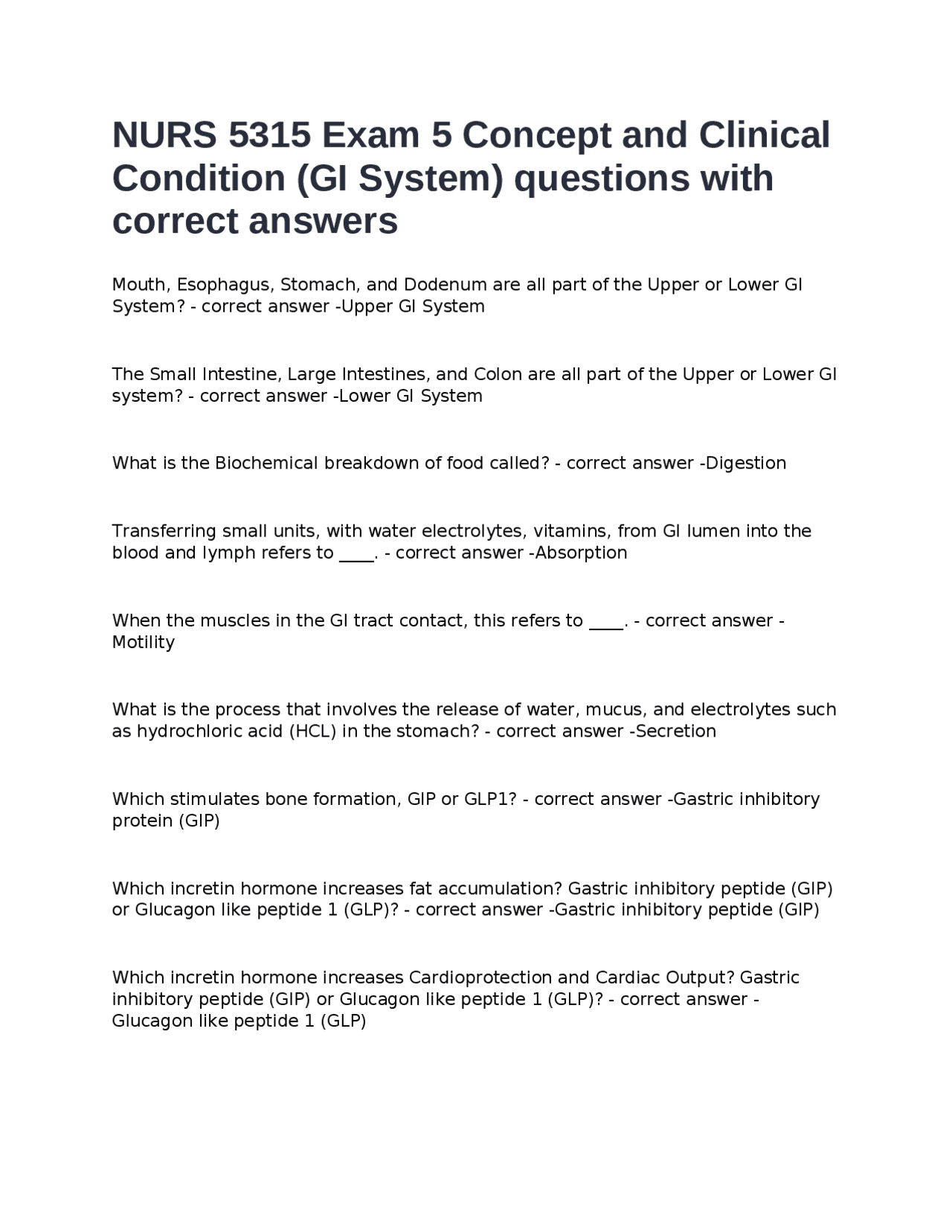 NURS 5315 Exam 5 Concept and Clinical Condition (GI System) questions ...