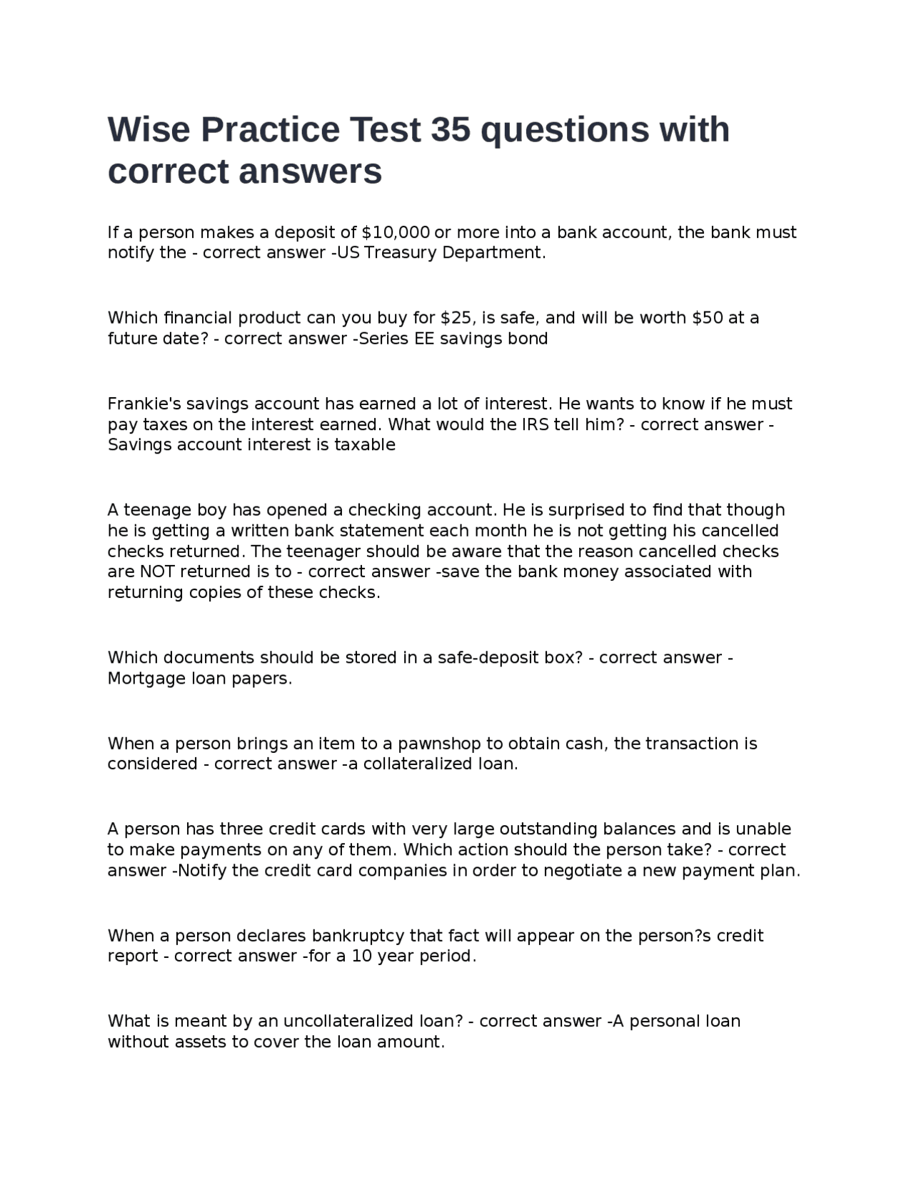 Wise Practice Test 35 questions with correct answers. | Exams Community ...