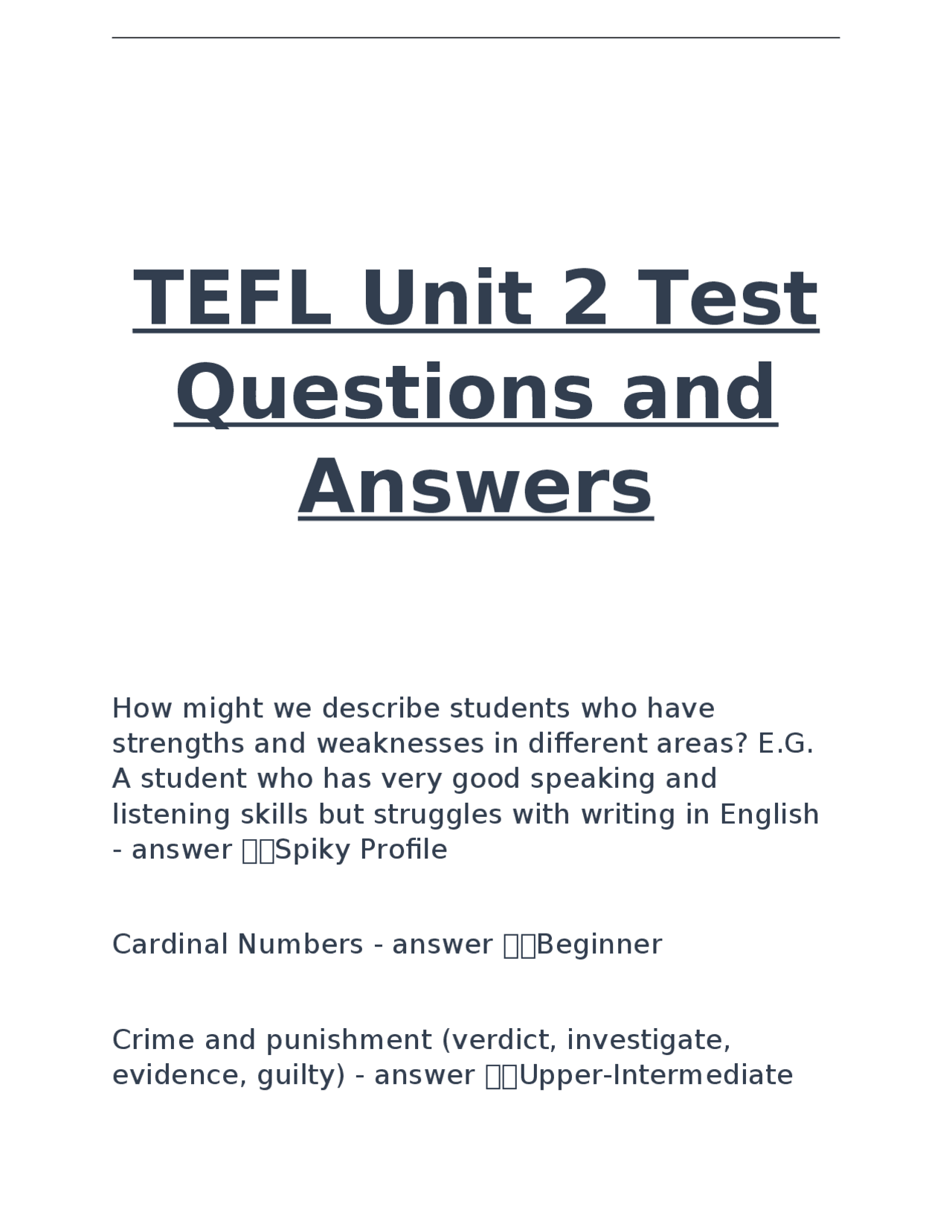 TEFL Unit 2 Test Questions and Answers | Exams Nursing | Docsity