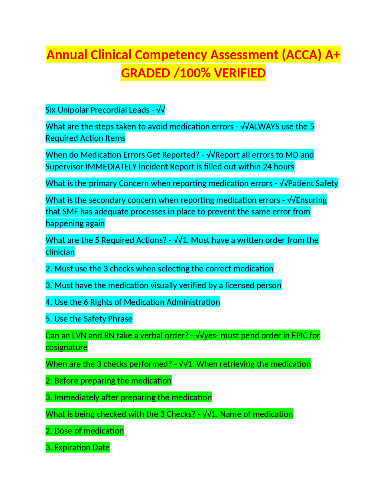 Annual Clinical Competency Assessment (ACCA) A+ | Exams Nursing | Docsity