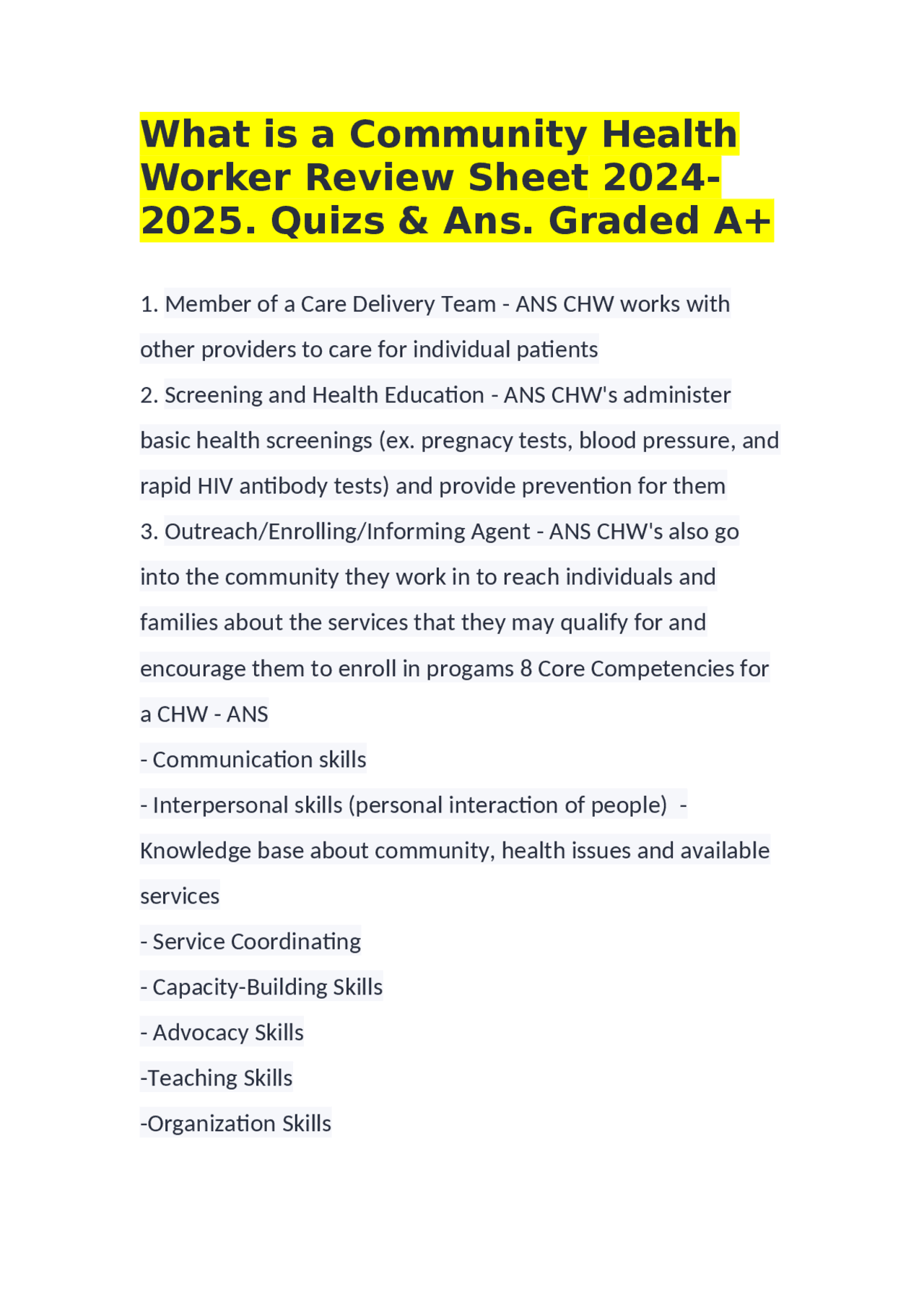 Community Health Worker Review Sheet 2024-2025 | Exams Nursing | Docsity