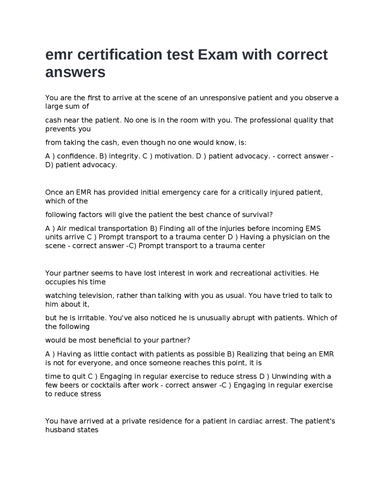 EMR Certification Test Exam with Correct Answers | Exams Community ...