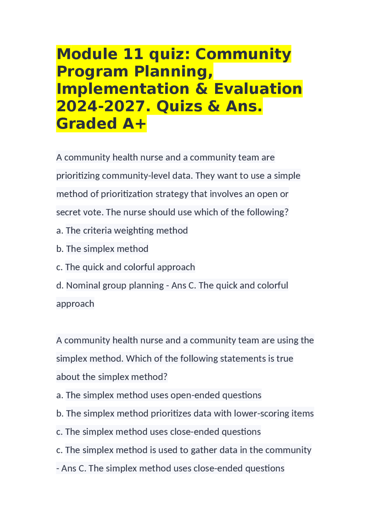 Module 11 quiz: Community Program Planning, Implementation & Evaluation ...