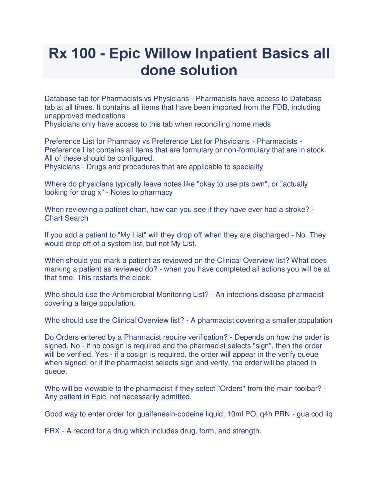 Rx 100 - Epic Willow Inpatient Basics all done solution | Exams ...