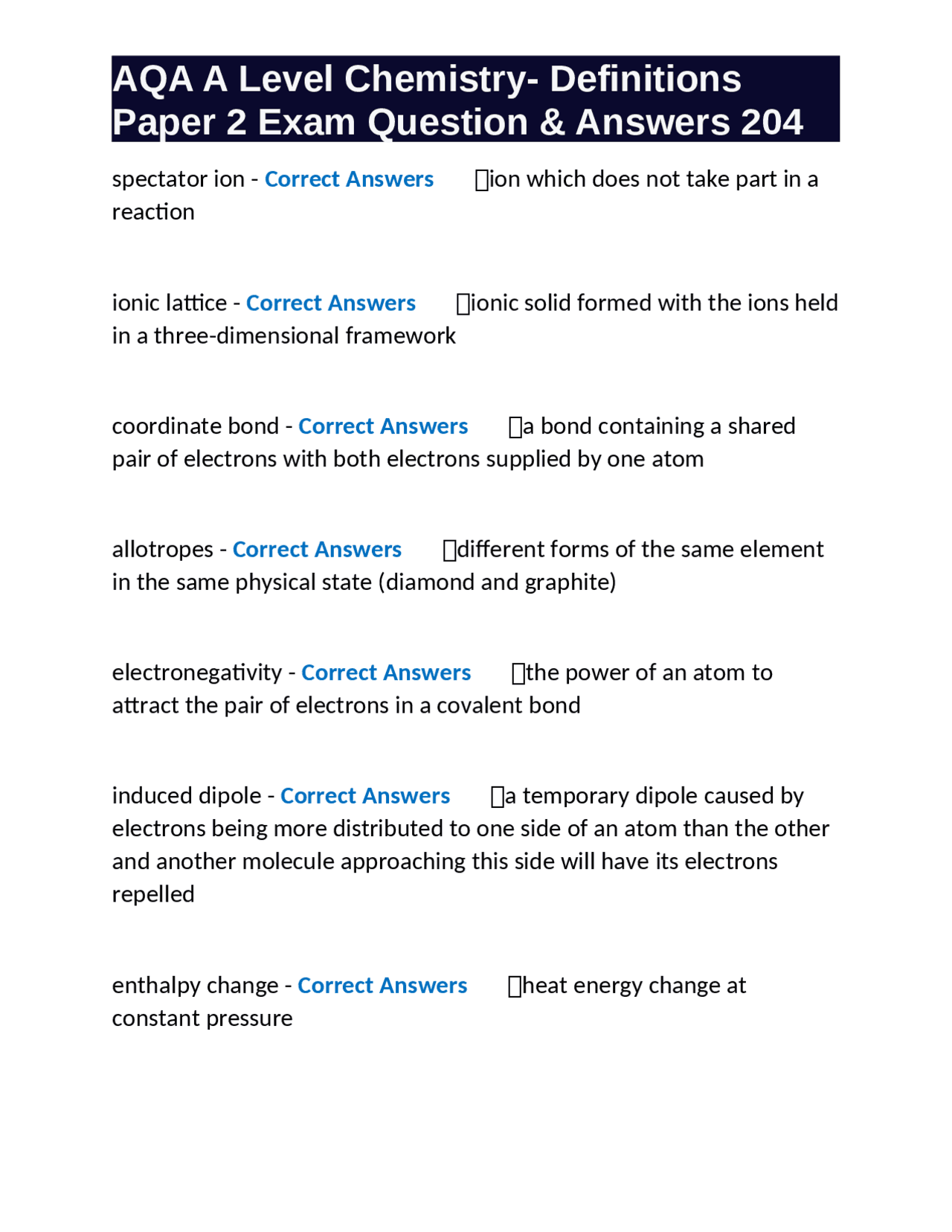 AQA A Level Chemistry Definitions | Exams Nursing | Docsity