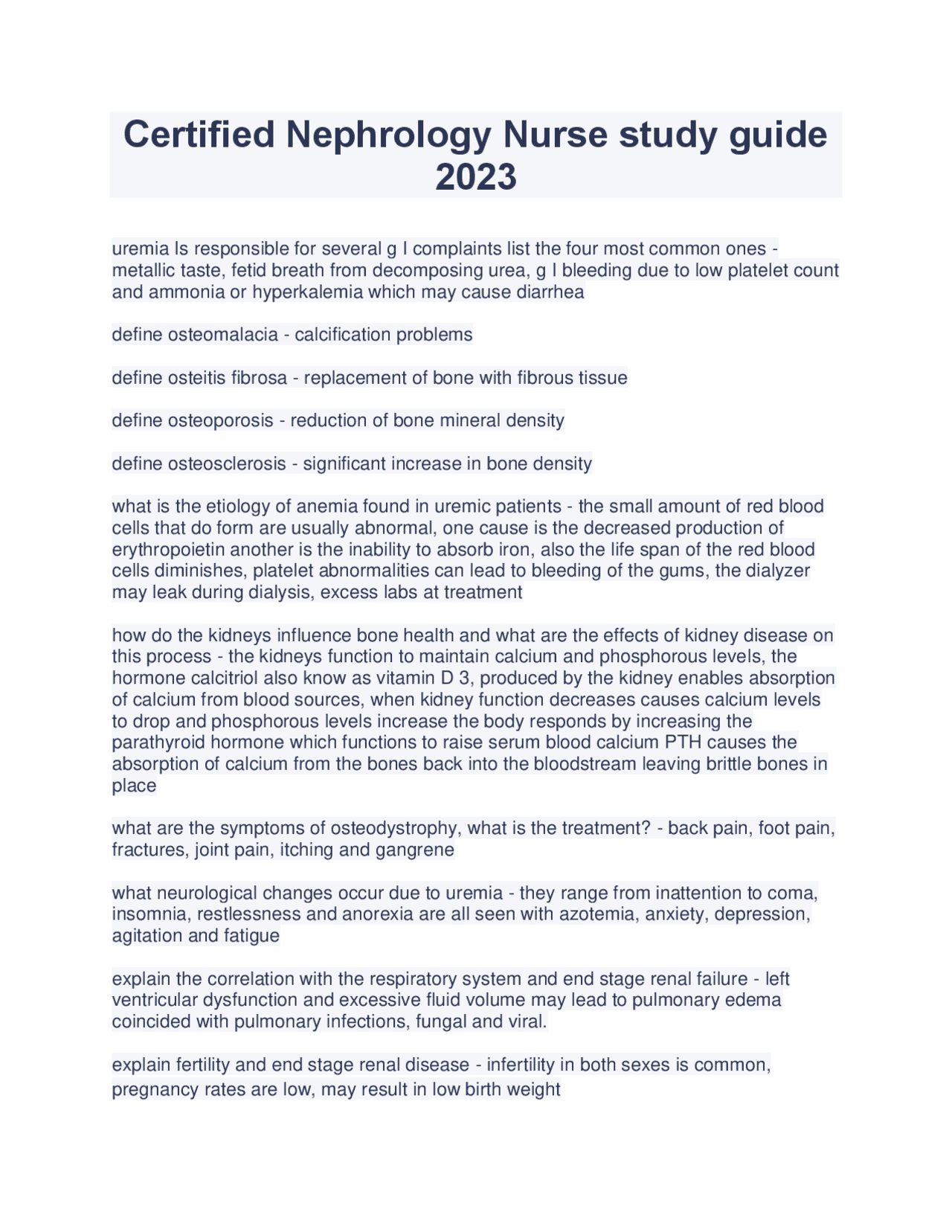 Certified Nephrology Nurse Study Guide | Exams Advanced Education | Docsity