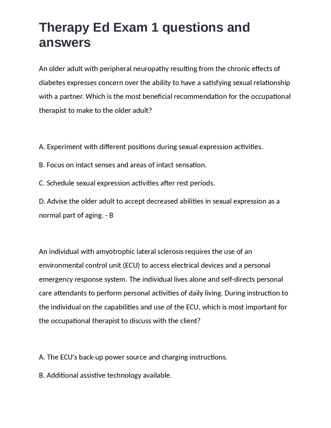 Therapy Ed Exam 1 questions and answers | Exams Nursing | Docsity