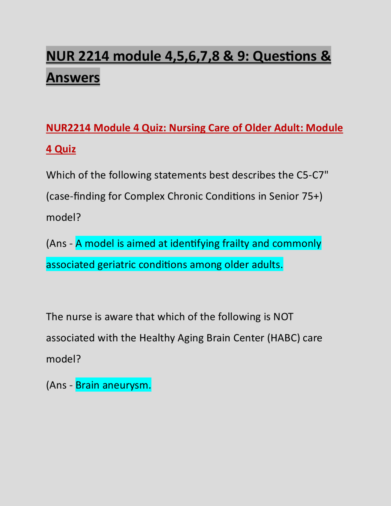 NUR 2214 module 4,5,6,7,8,9: Questions & Answers: | Exams Nursing | Docsity