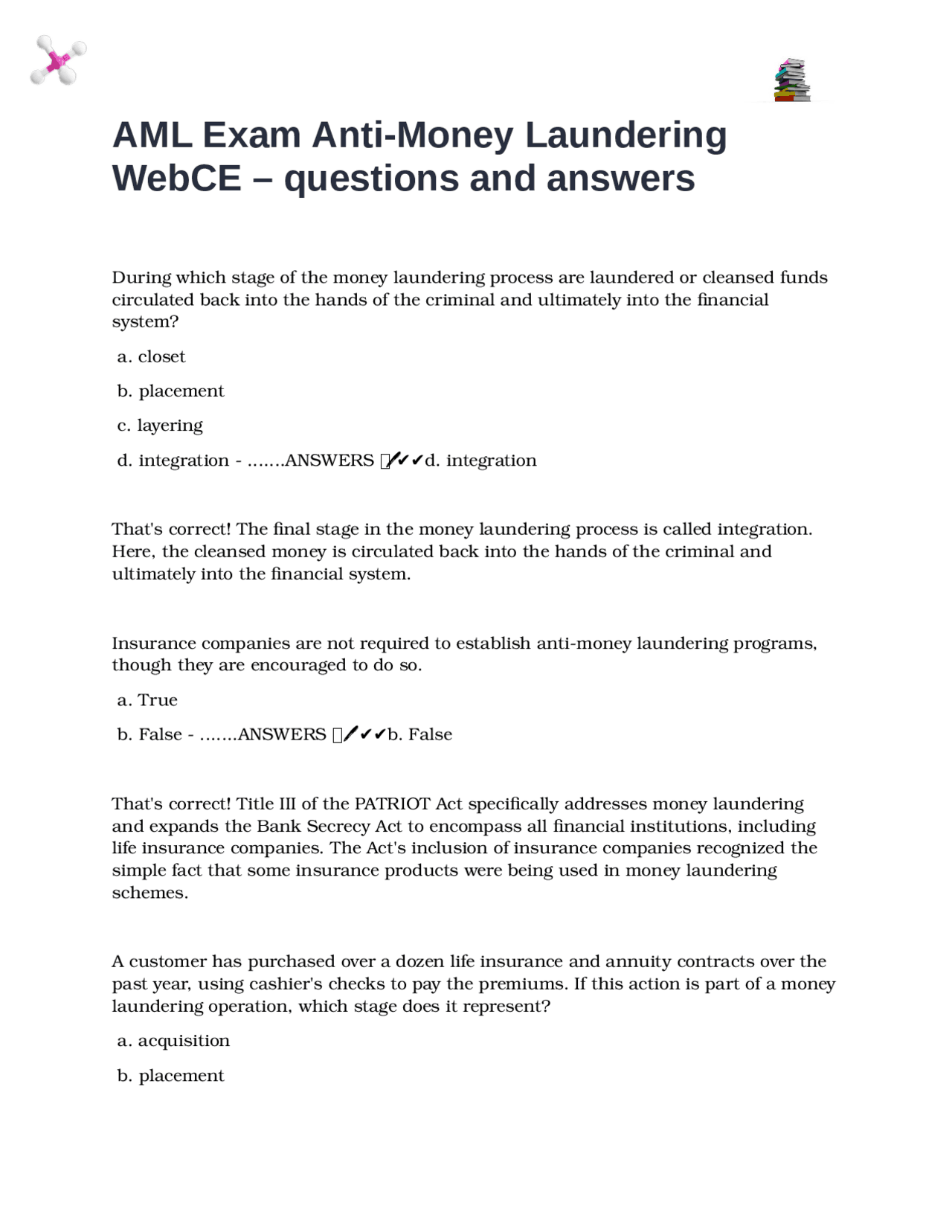 AML Exam Anti-Money Laundering WebCE – questions and answers | Exams Finance | Docsity