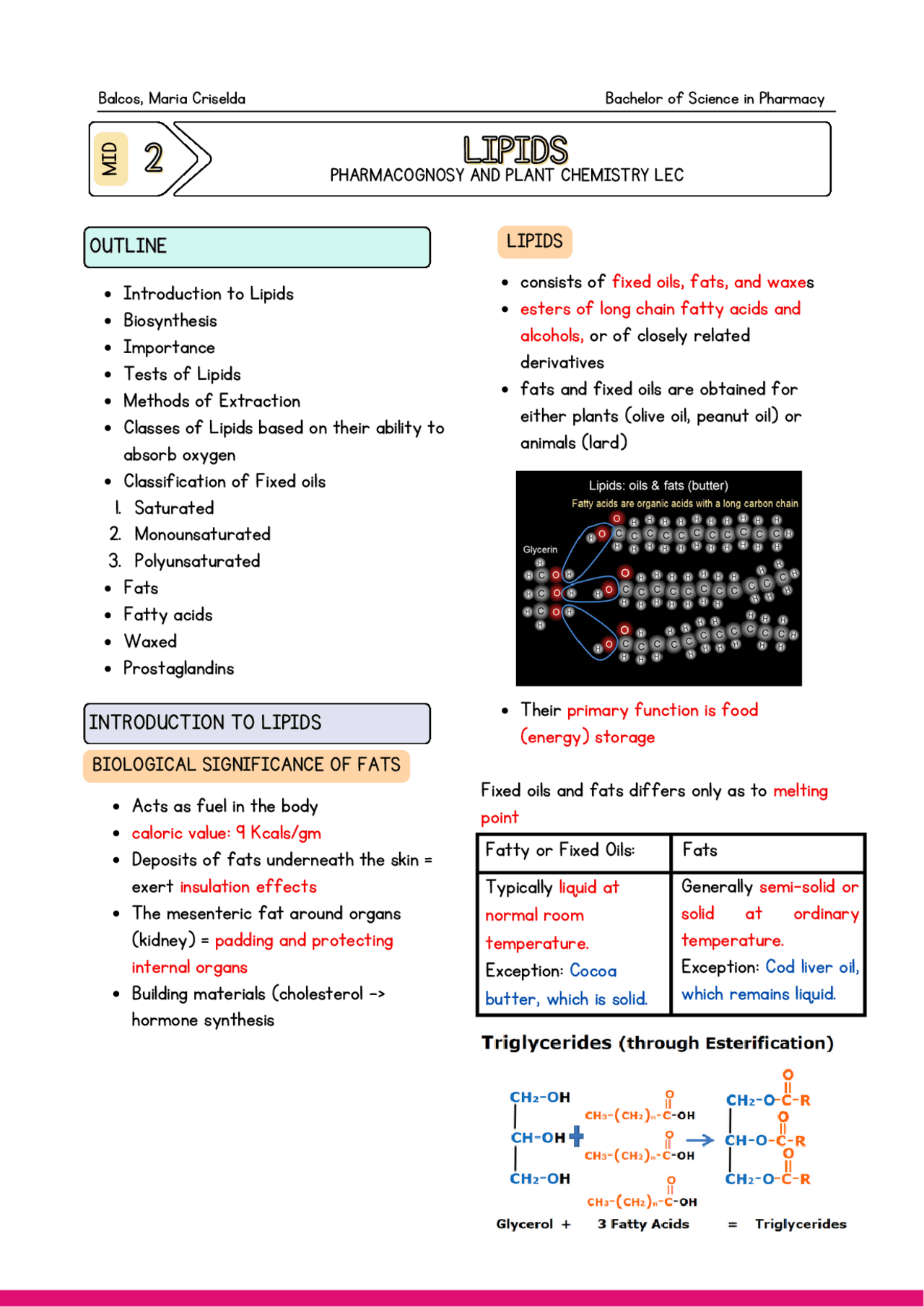 Introduction to Lipids | Lecture notes Pharmacognosy | Docsity
