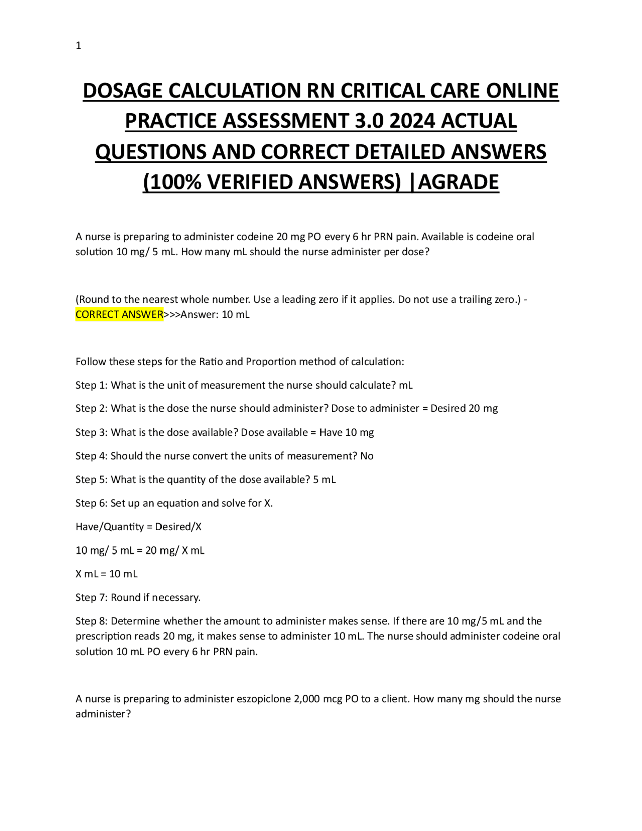 DOSAGE CALCULATION RN CRITICAL CARE ONLINE PRACTICE ASSESSMENT 3.0 2024 ...