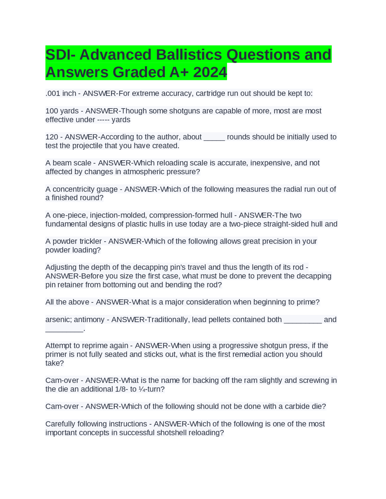 SDI- Advanced Ballistics Questions and Answers Graded A+ | Exams ...