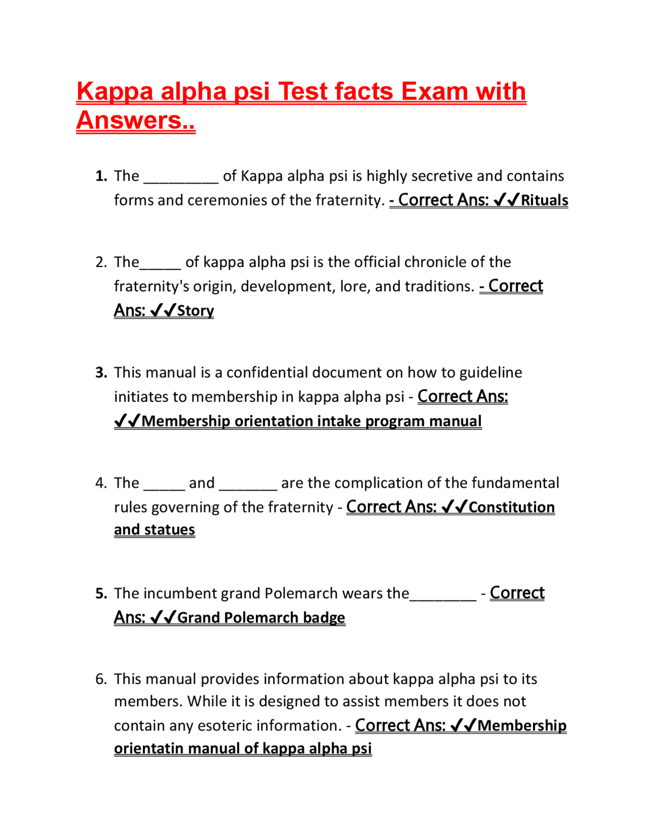 Kappa alpha psi Test facts Exam with Answers.. | Exams Advanced ...