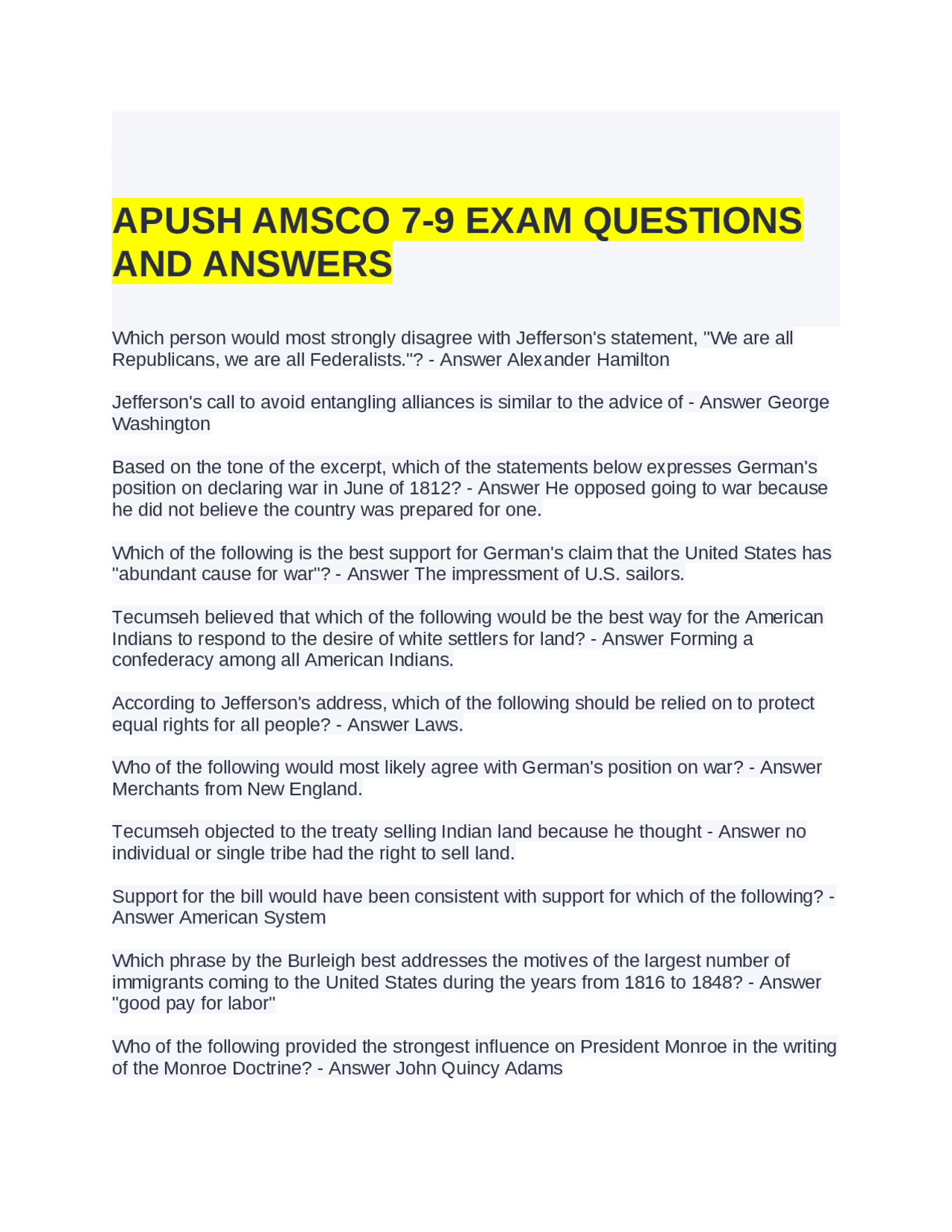 APUSH AMSCO 7-9 Exam Questions and Answers | Exams Advanced Education ...
