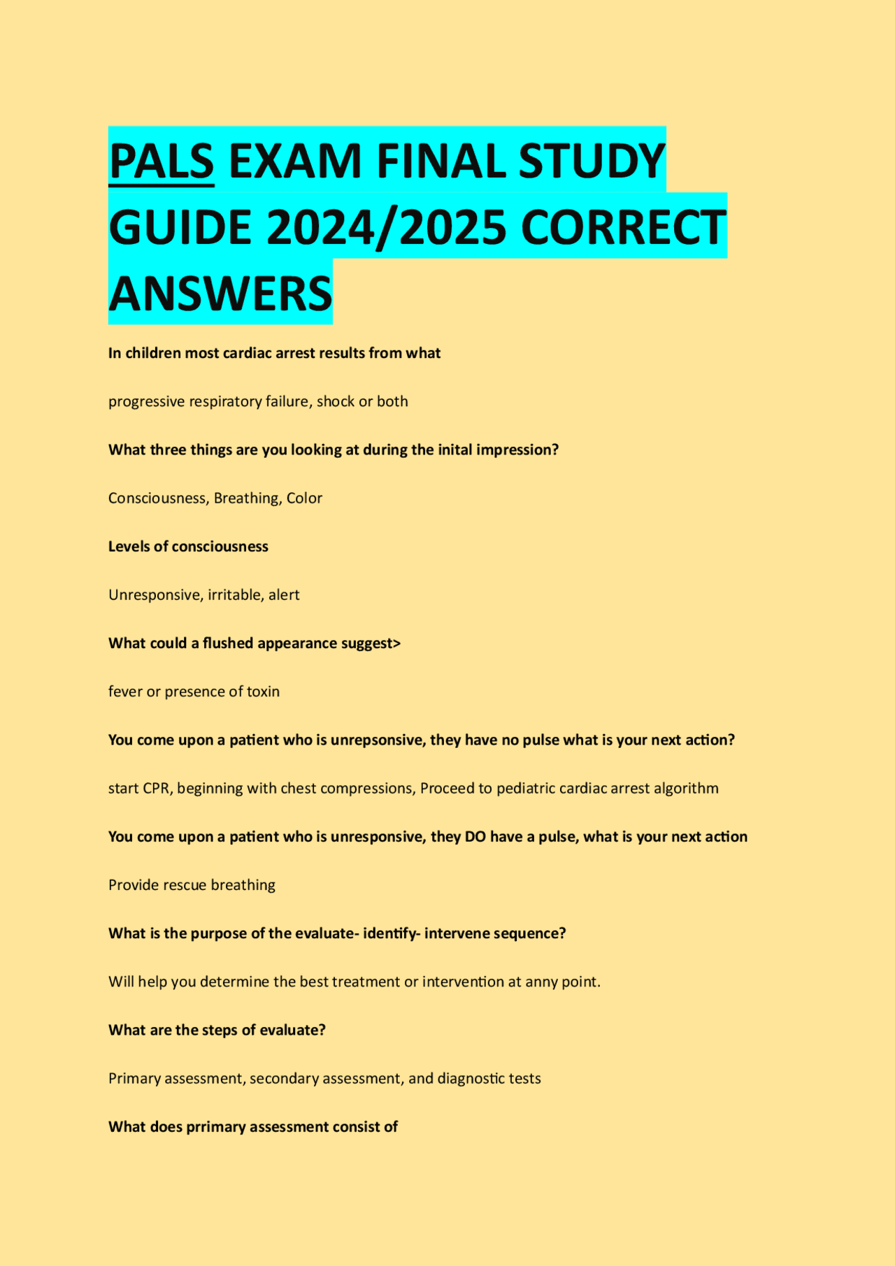PALS EXAM FINAL STUDY GUIDE 2024/2025 CORRECT ANSWERS | Exams Nursing ...