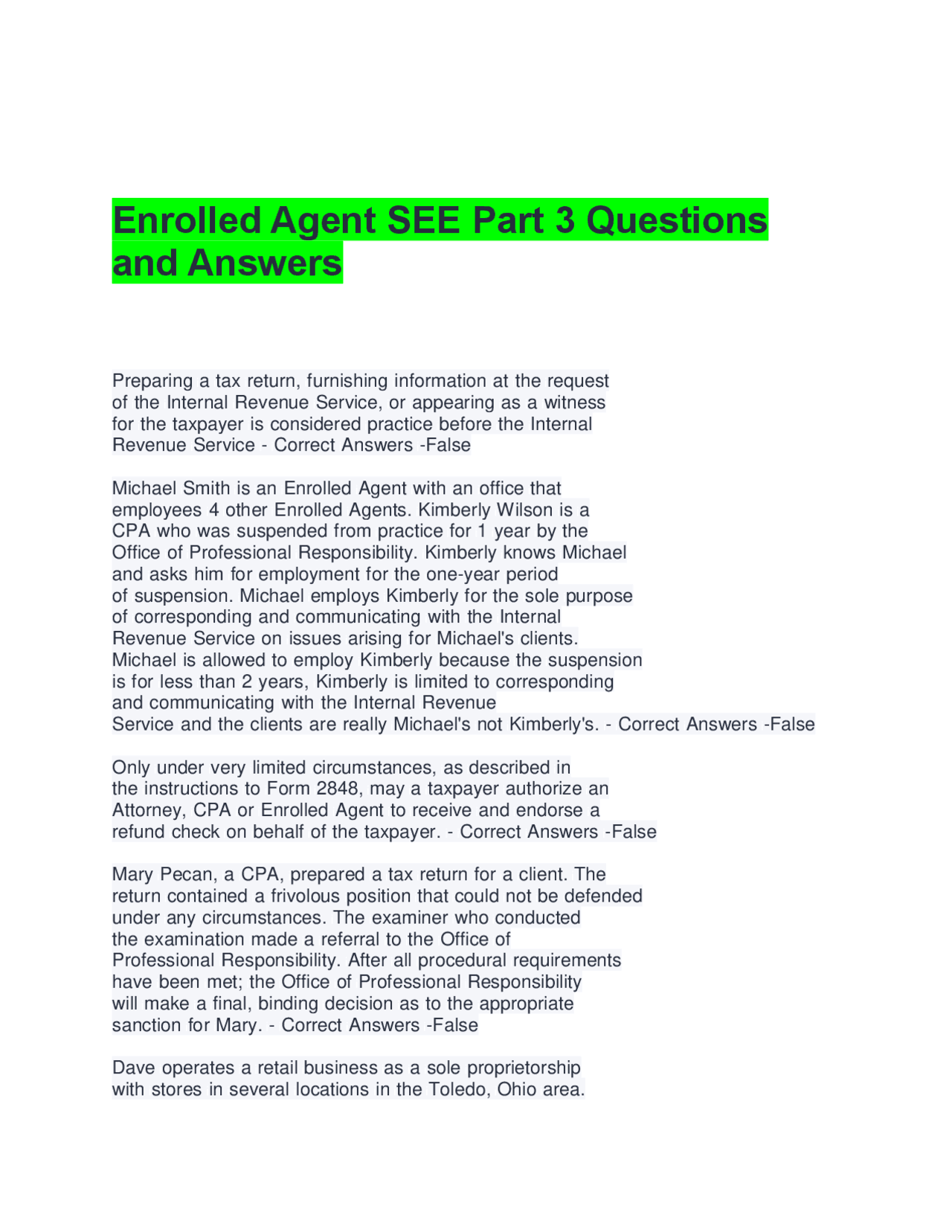 Enrolled Agent SEE Part 3 Questions and Answers | Exams Advanced ...
