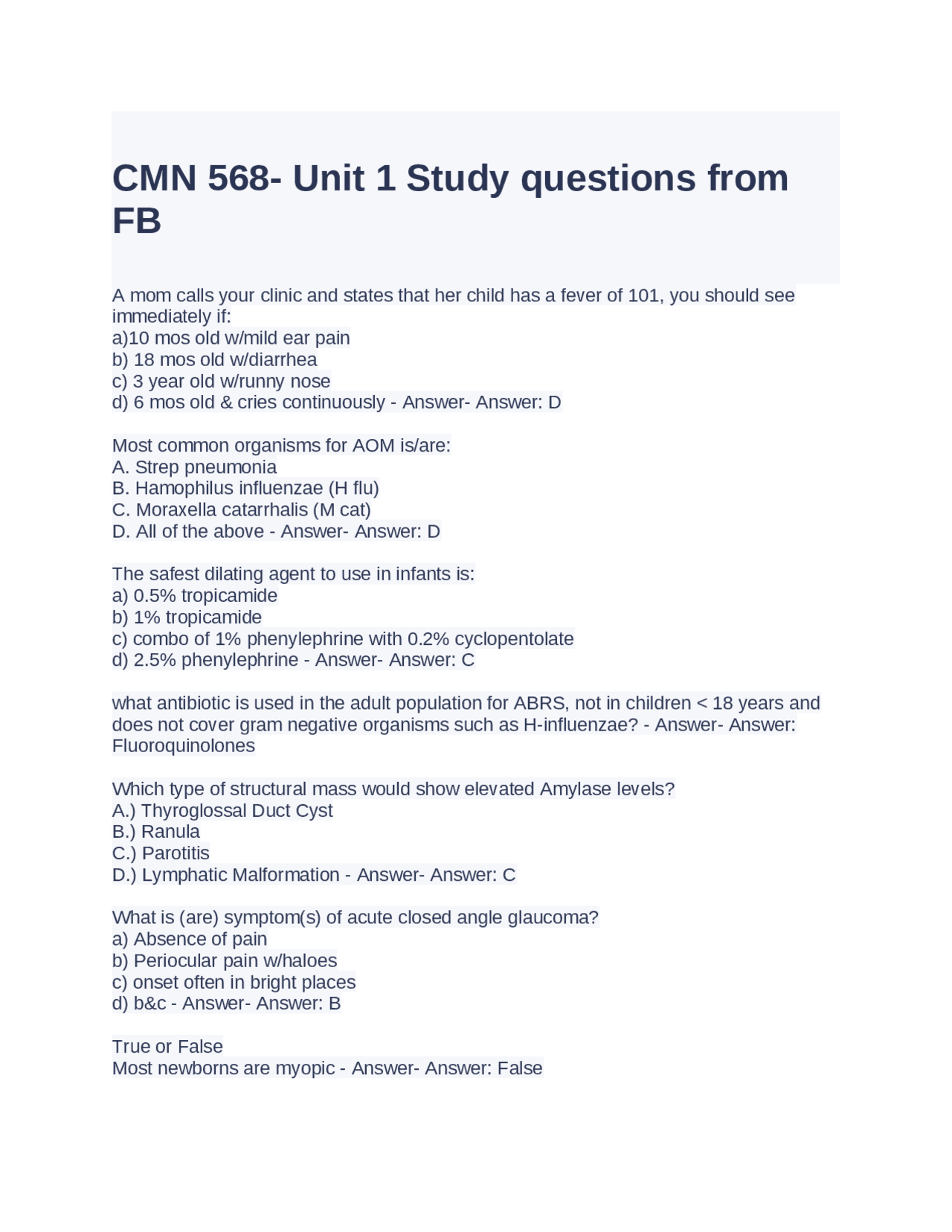 CMN 568- Unit 1 Study questions from FB with correct answers | Exams ...