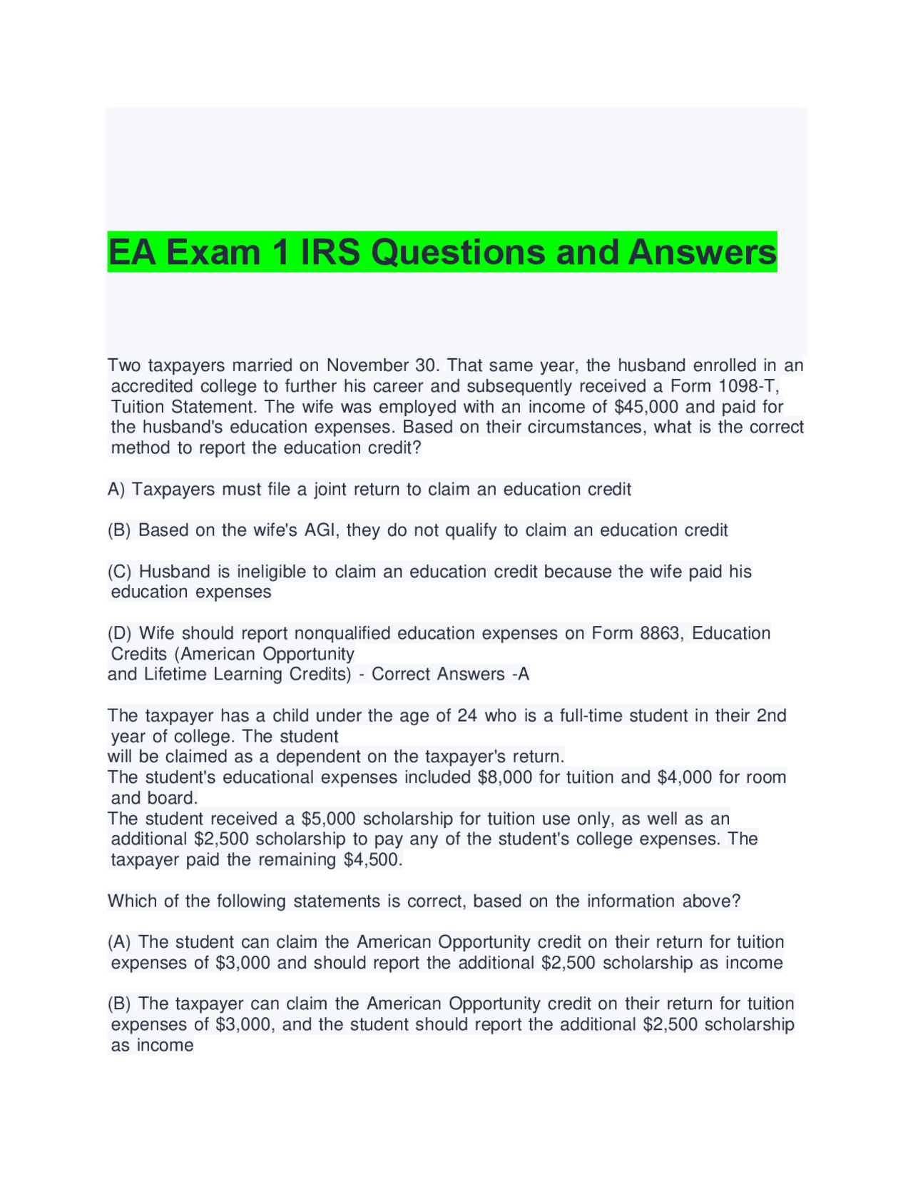 EA Exam 1 IRS Questions and Answers | Exams Advanced Education | Docsity