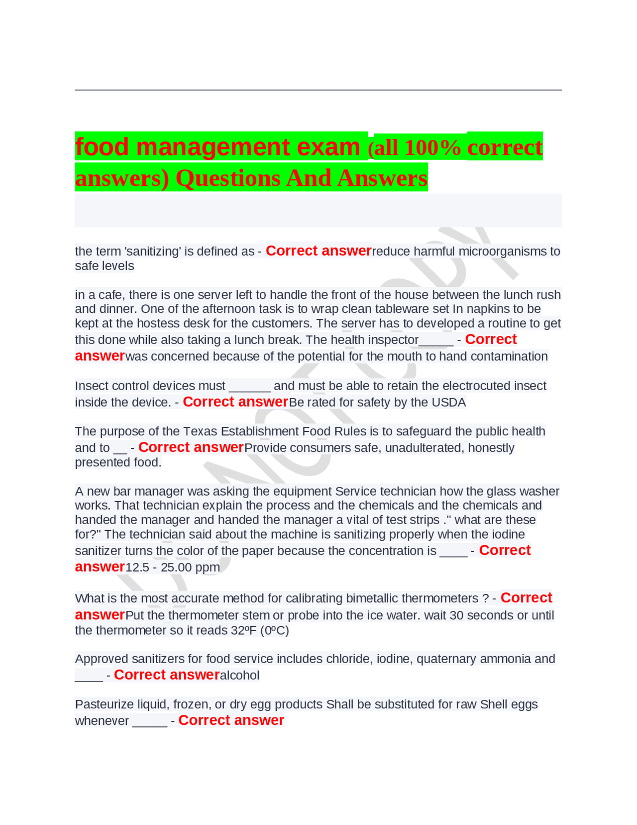 Food Management Exam Questions and Answers | Exams Nursing | Docsity