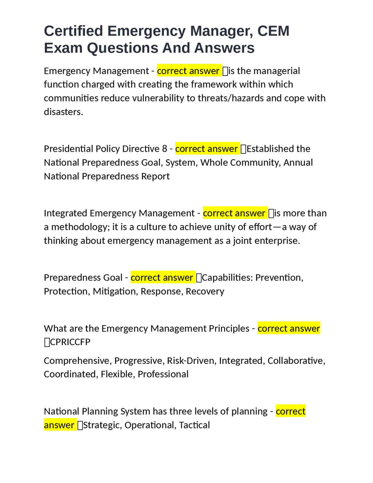 Certified Emergency Manager (CEM) Exam Questions and Answers | Exams ...