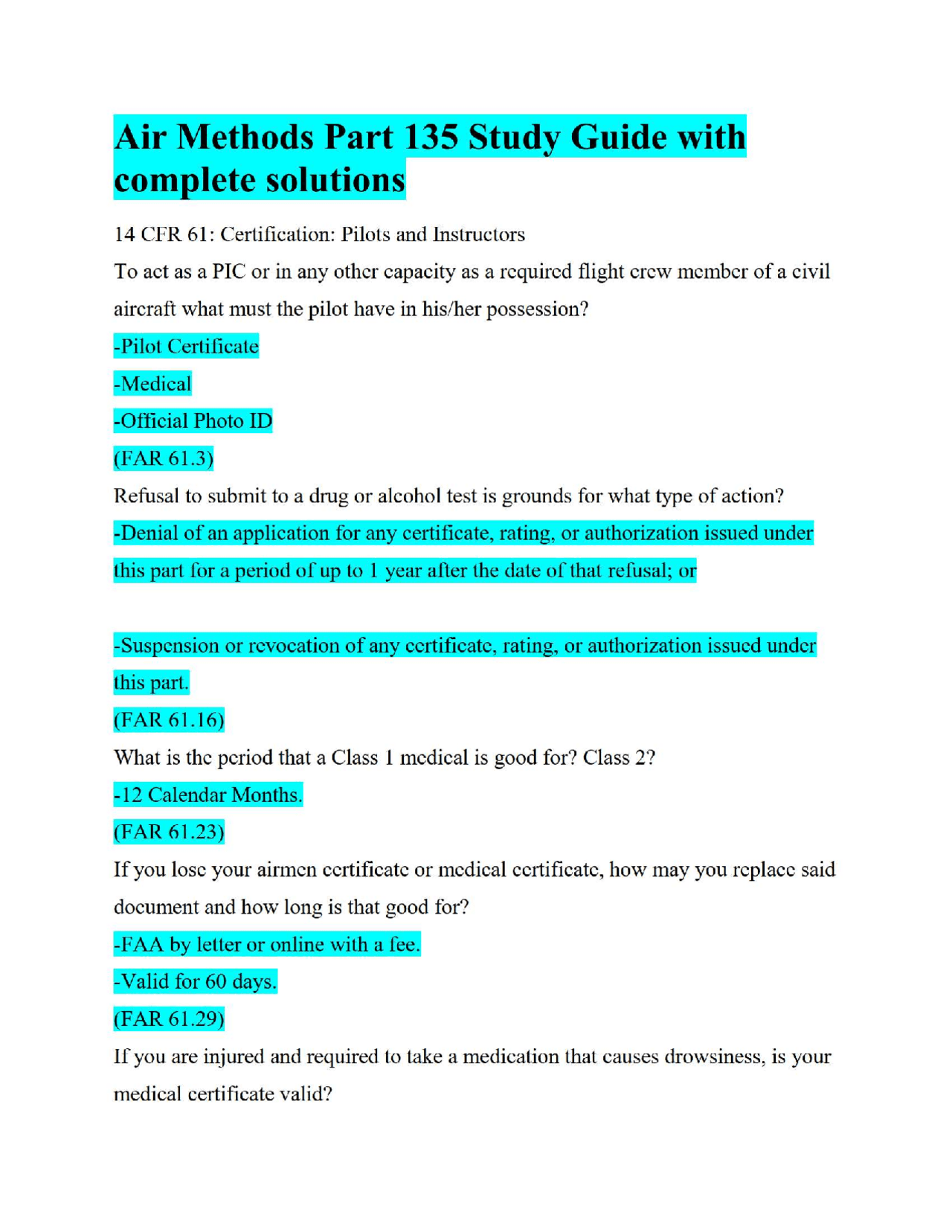 Air Methods Part 135 Study Guide with complete solutions 14 CFR 61 ...