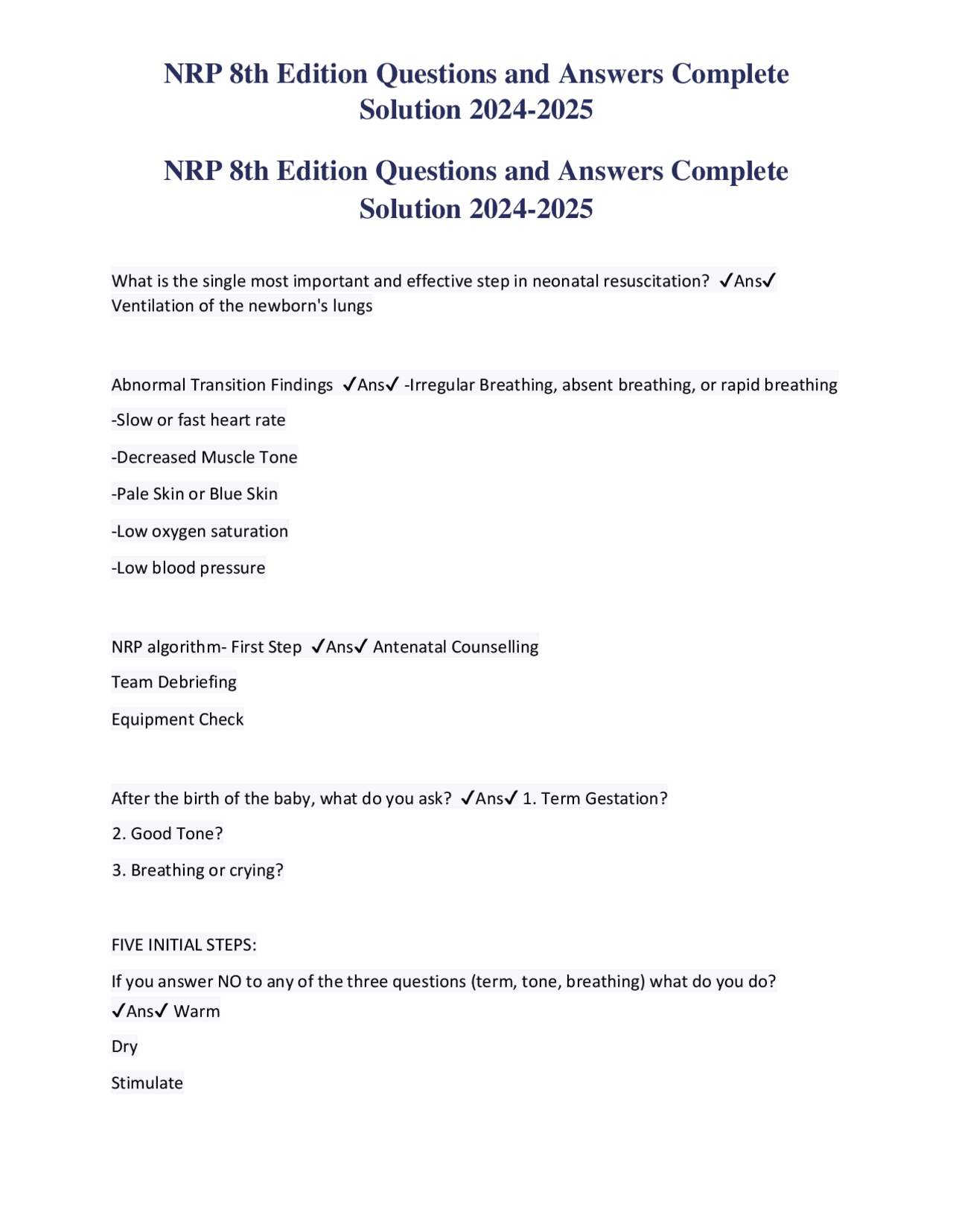 NRP 8th Edition Questions and Answers Complete Solution 2024-2025 | Exams Nursing | Docsity