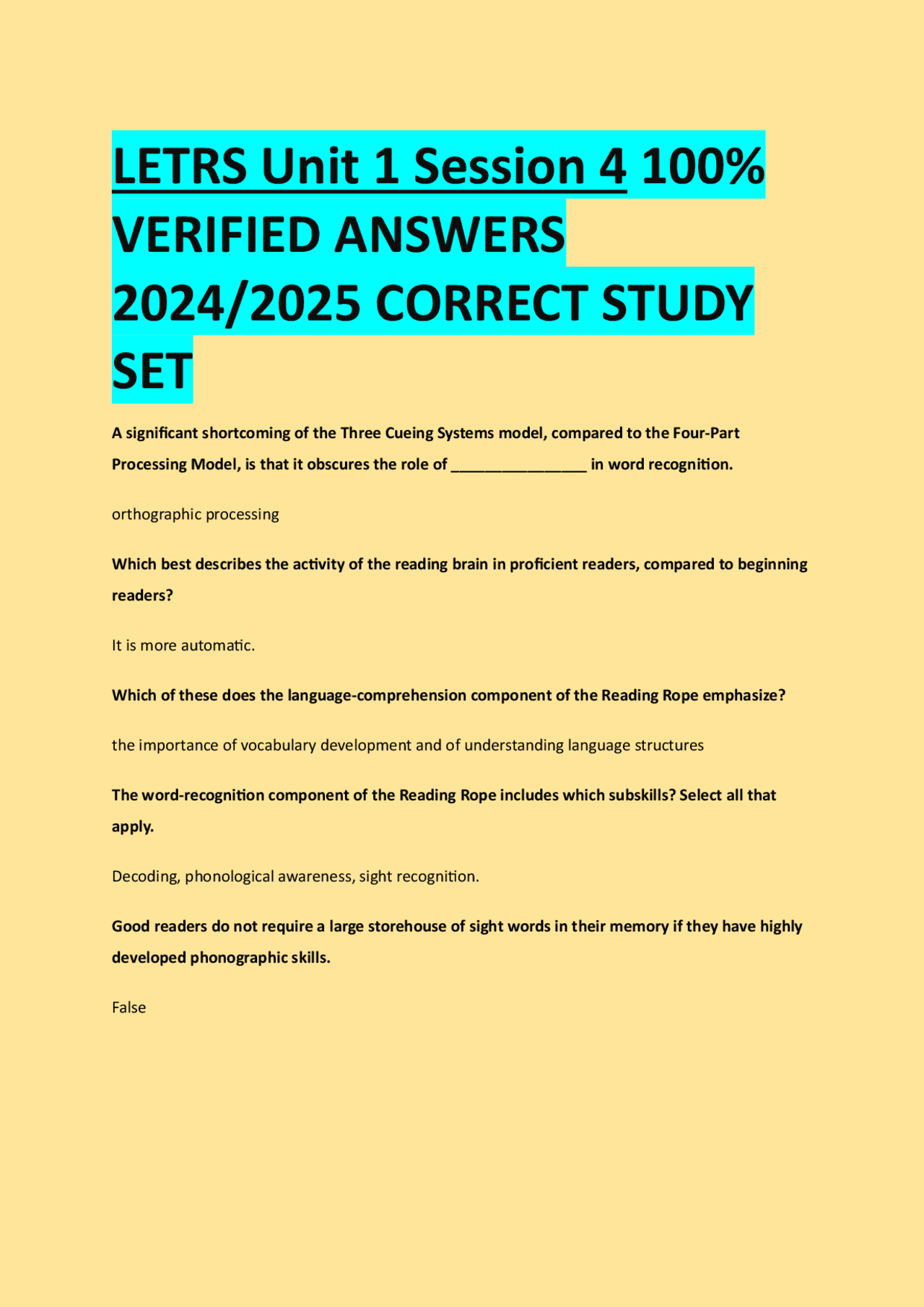 LETRS Unit 1 Session 4 100% VERIFIED ANSWERS 2024/2025 CORRECT STUDY ...