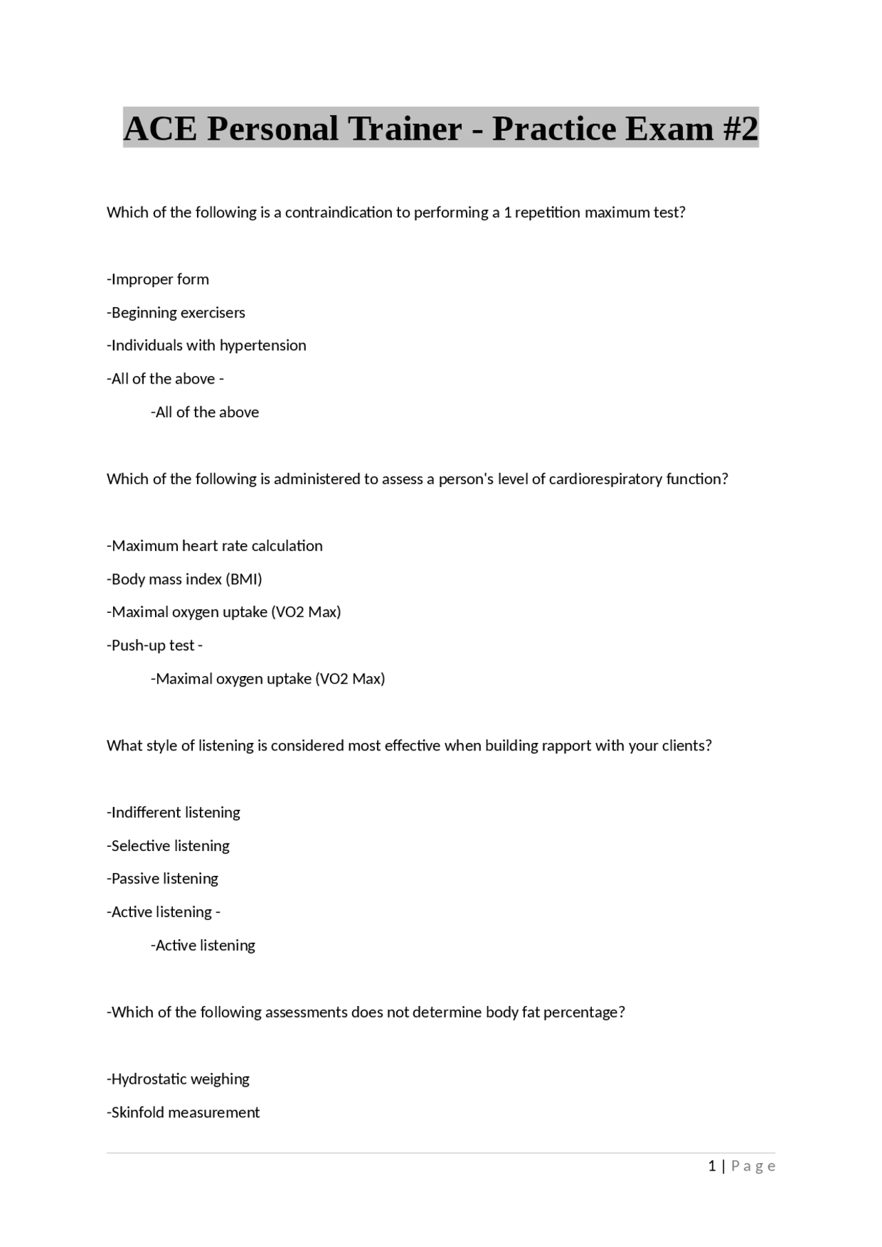 ACE Personal Trainer - Practice Exam #2 | Exams Training and ...