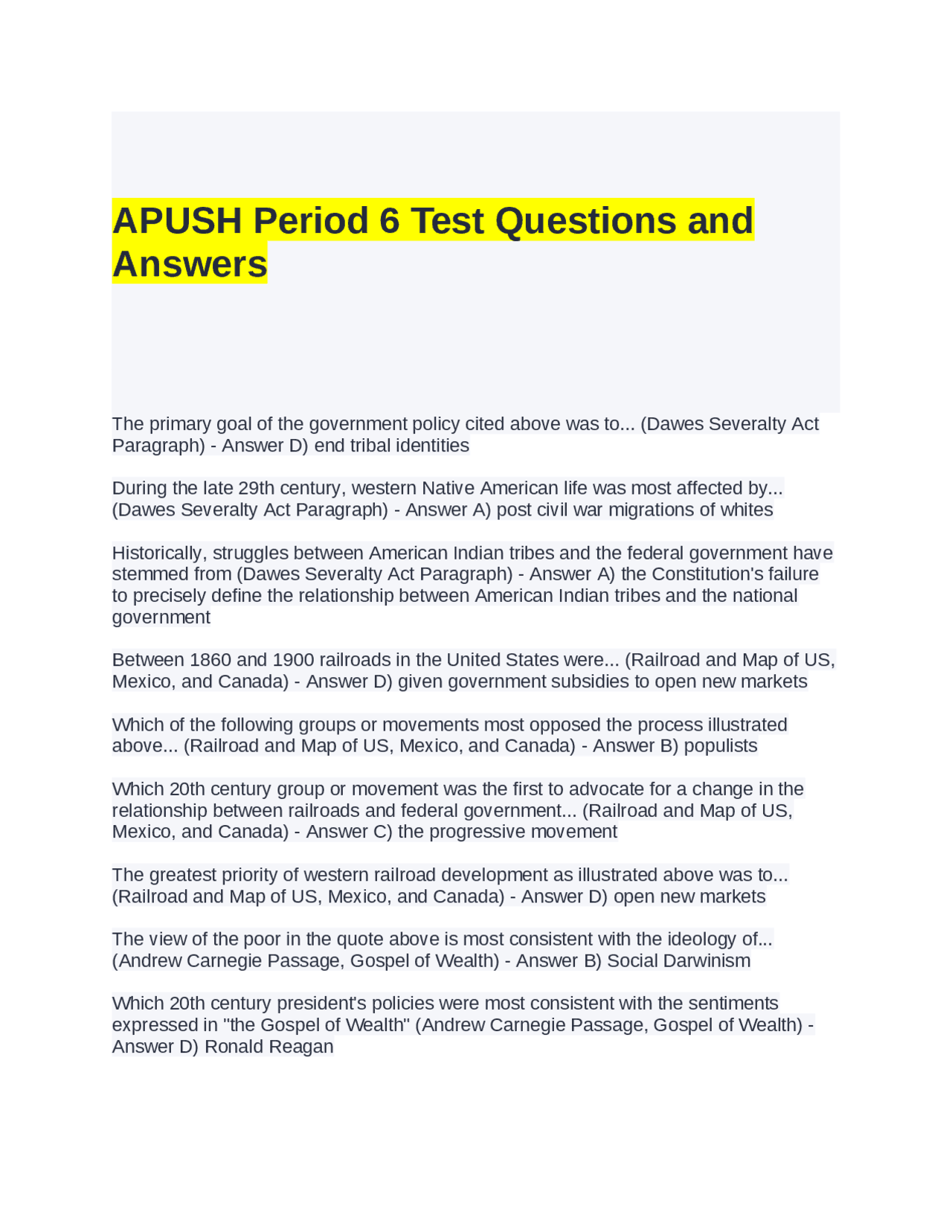 APUSH Period 6 Test Questions and Answers | Exams Advanced Education ...