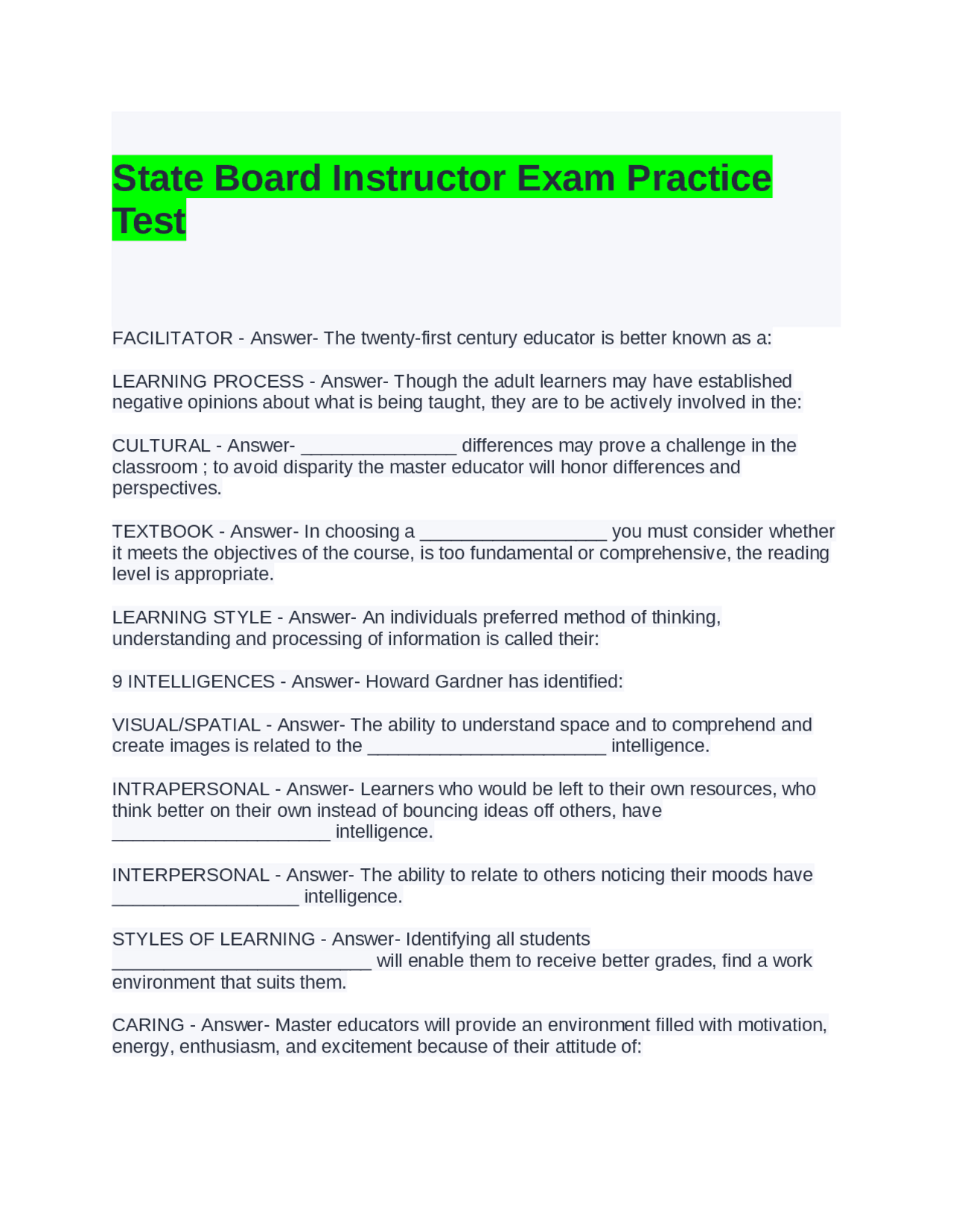 Instructor Exam Practice Test | Exams Advanced Education | Docsity