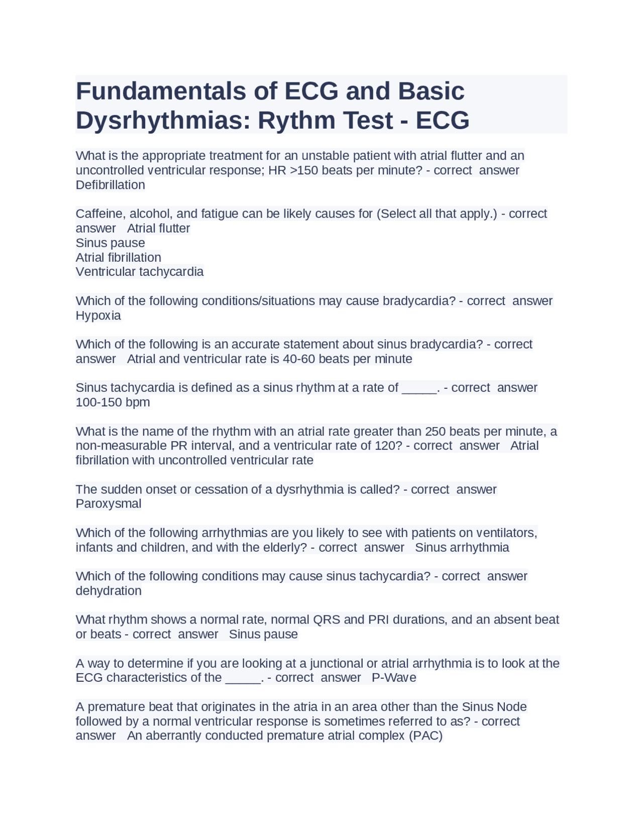 Fundamentals of ECG and Basic Dysrhythmias Questions with complete ...