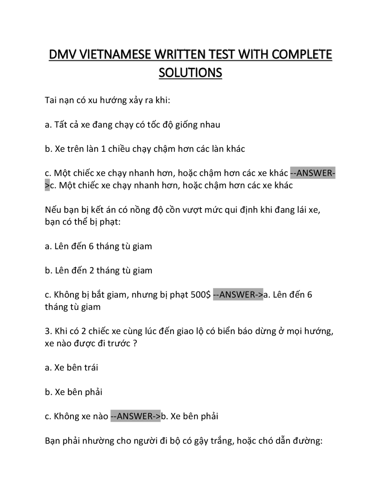 DMV VIETNAMESE WRITTEN TEST WITH COMPLETE SOLUTIONS | Exams Nursing ...