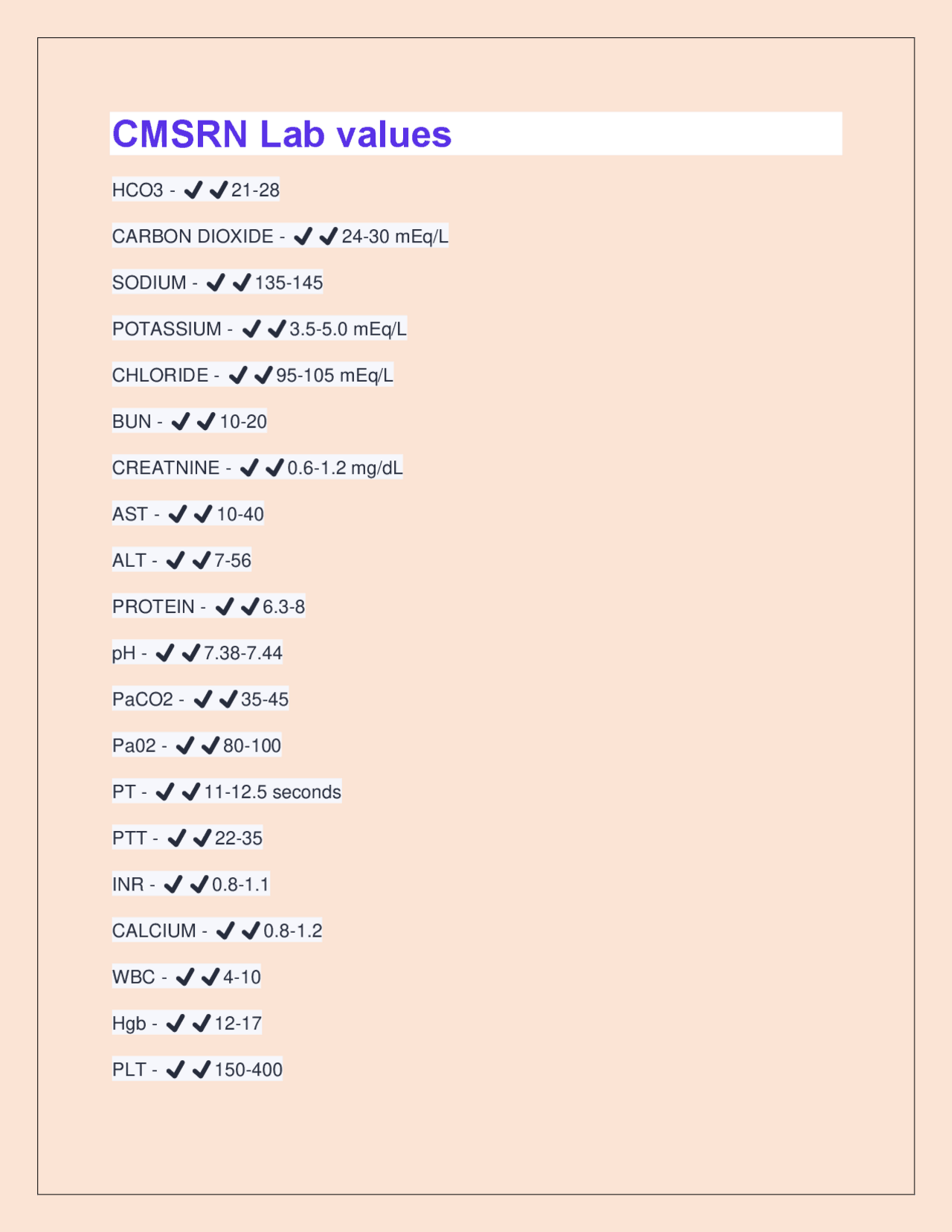 CMSRN Lab Values Reference Guide | Exams Medicine | Docsity