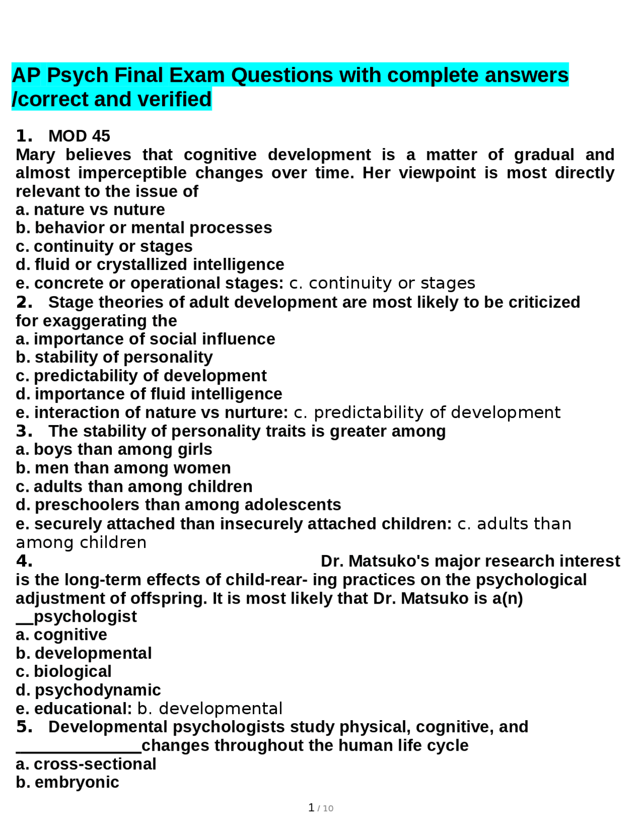 AP Psych Final Exam Questions with complete answers /correct and ...