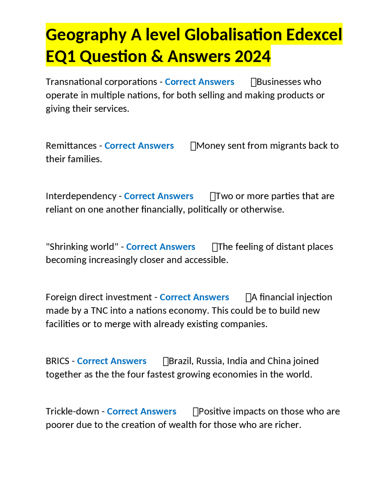 Geography A level Globalisation Edexcel EQ1 Question & Answers 2024 ...