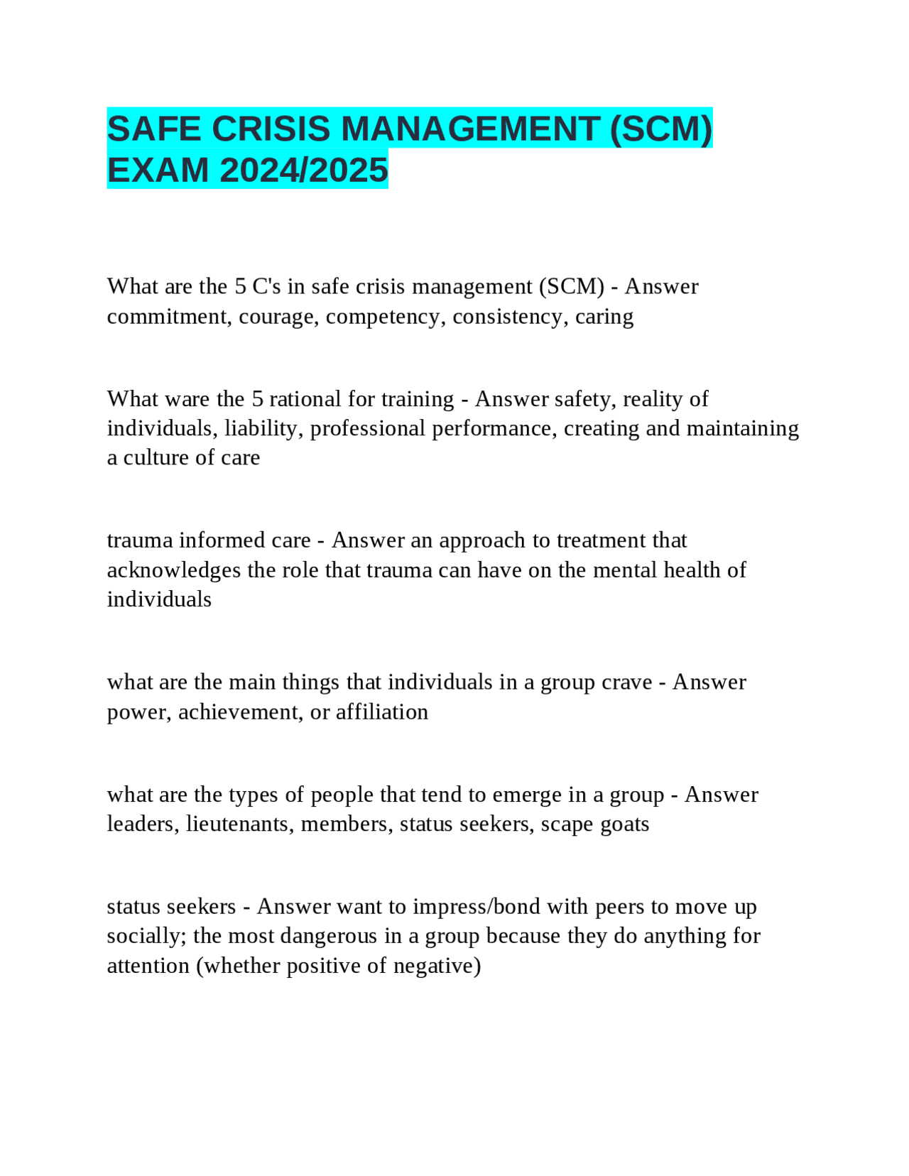 SAFE CRISIS MANAGEMENT (SCM) EXAM 2024/2025 | Exams Nursing | Docsity