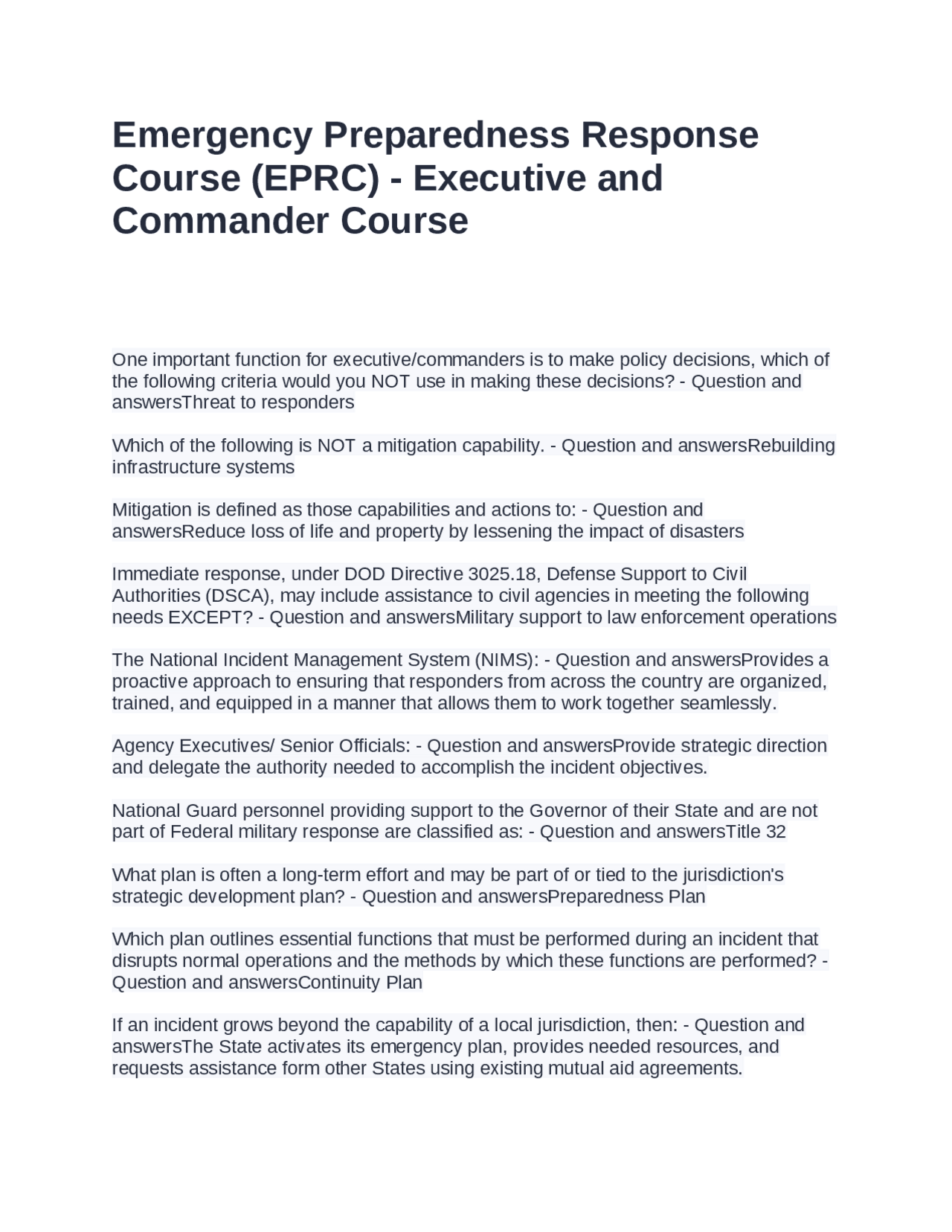 Emergency Preparedness Response Course (EPRC) - Executive and Commander Course | Exams Nursing ...