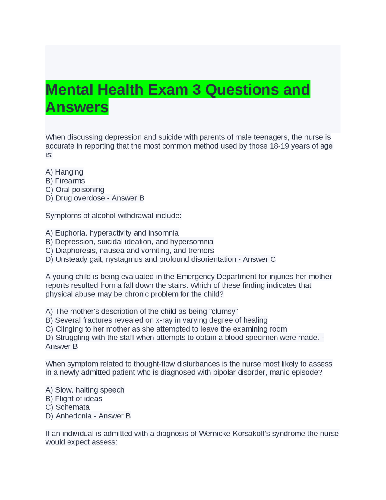 Mental Health Exam 3 Questions and Answers | Exams Nursing | Docsity
