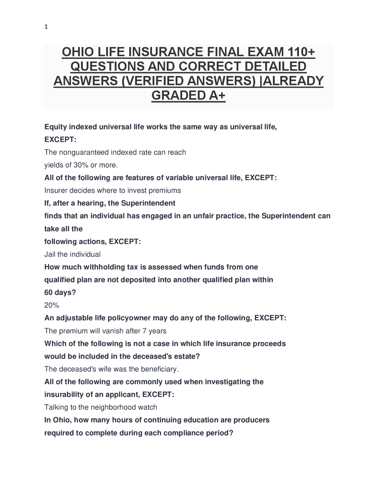 Life Insurance and Annuity Concepts | Exams Nursing | Docsity