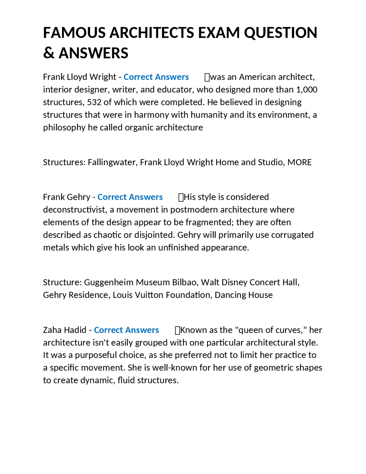 Famous Architects Exam Questions and Answers | Exams Nursing | Docsity