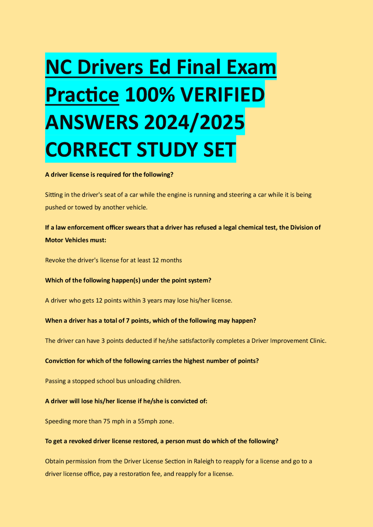 NC Drivers Ed Final Exam Practice 100% VERIFIED ANSWERS 2024/2025 ...
