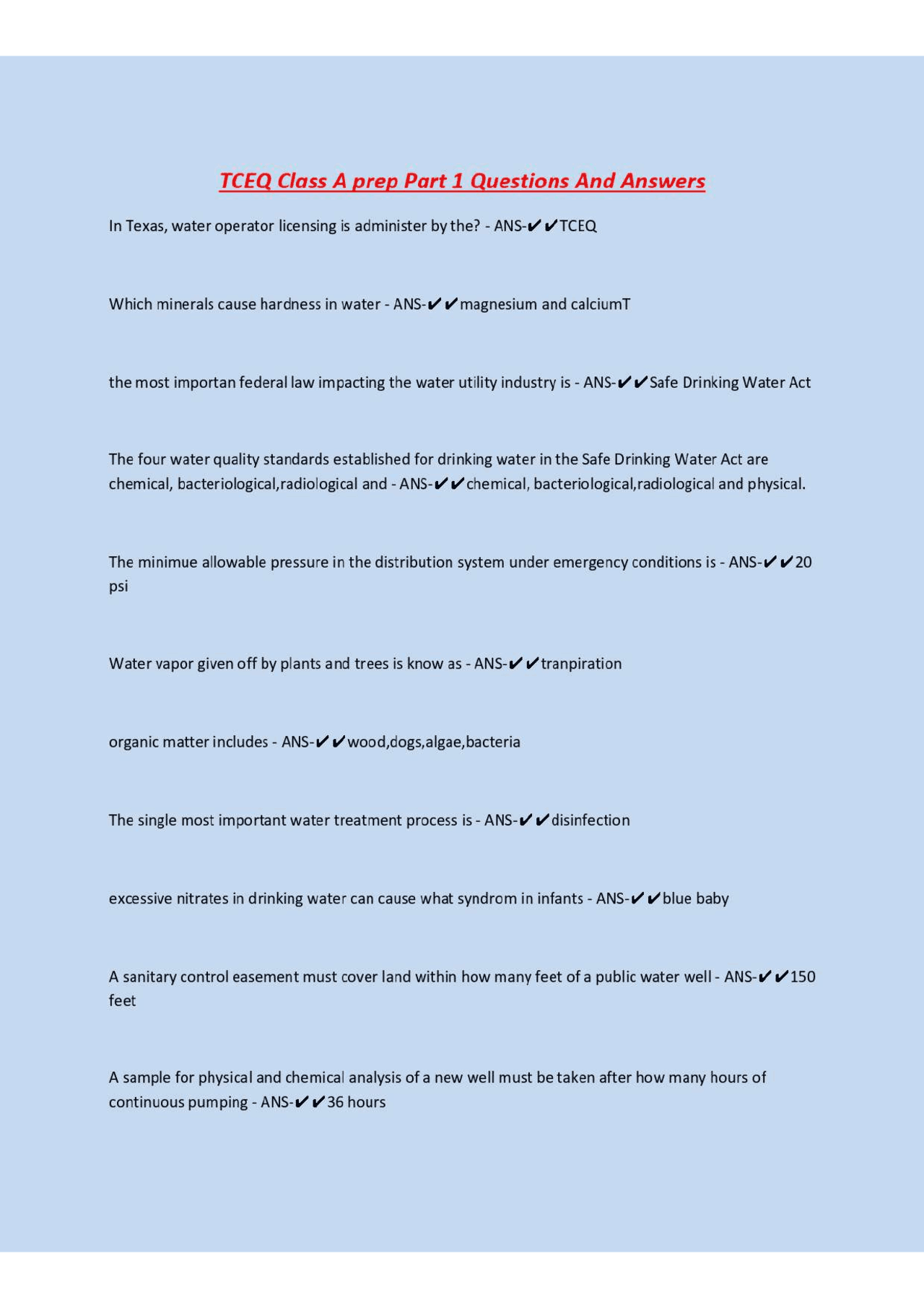 TCEQ Class A prep Part 1 Questions And Answers | Exams Engineering ...