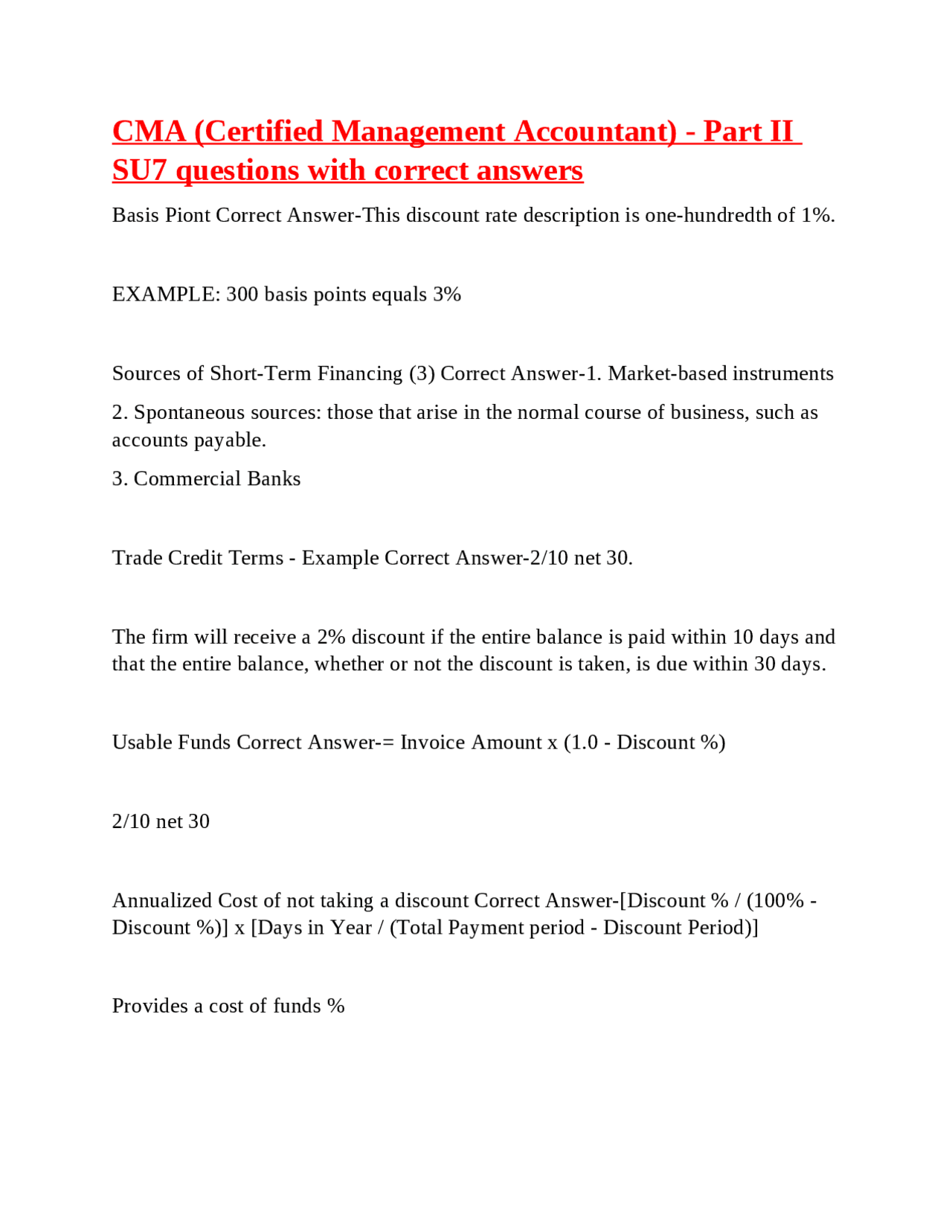 CMA (Certified Management Accountant) - Part II: SU7 Questions with ...