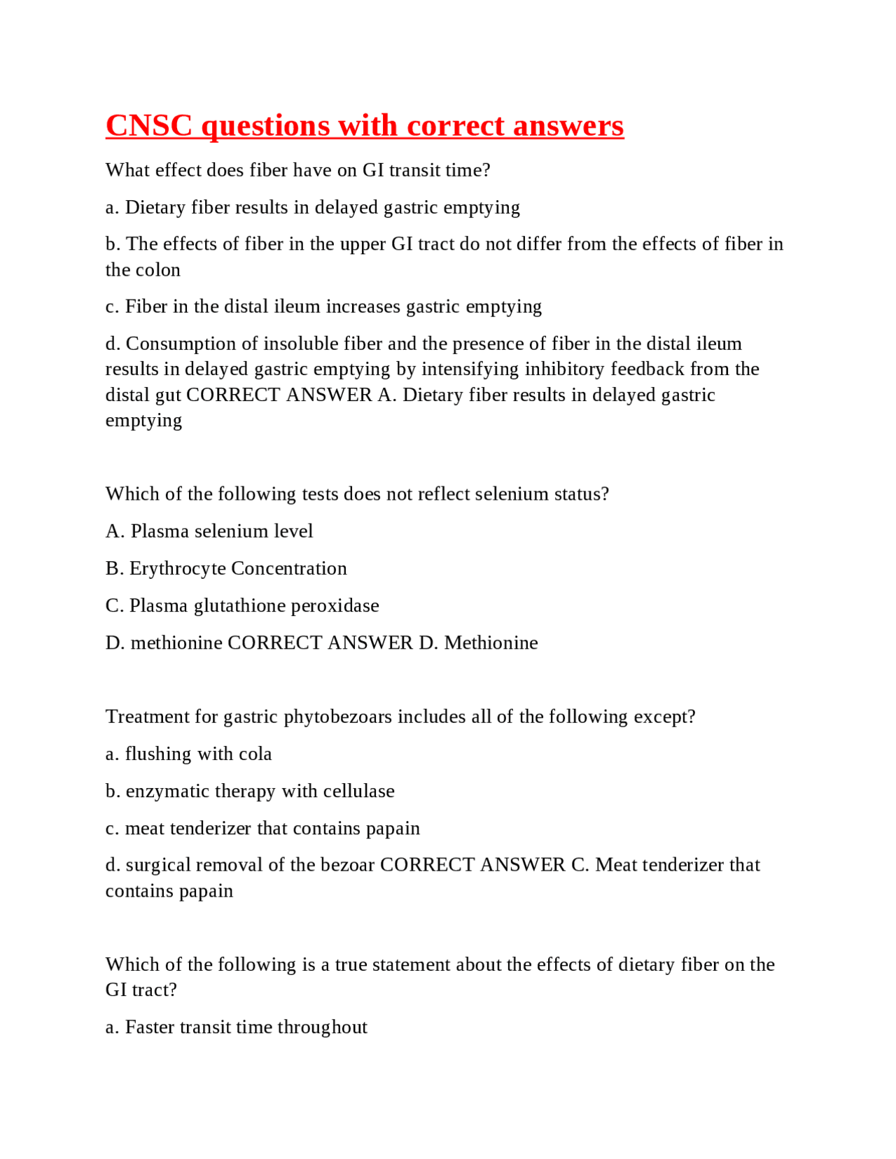 CNSC Questions with Correct Answers | Exams Nursing | Docsity