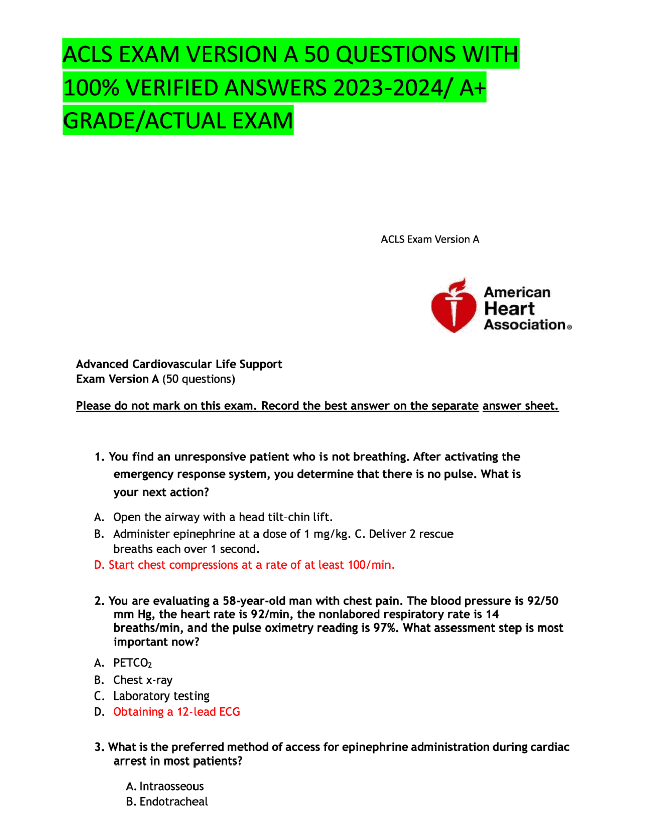 ACLS EXAM VERSION A 50 QUESTIONS WITH 100 VERIFIED ANSWERS 2023-2024 A+ ...