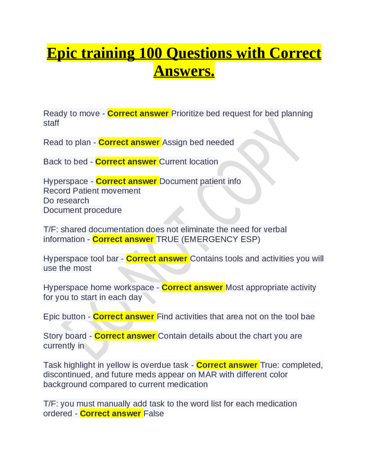 Epic training 100 Questions with Correct Answers. | Exams Medicine ...