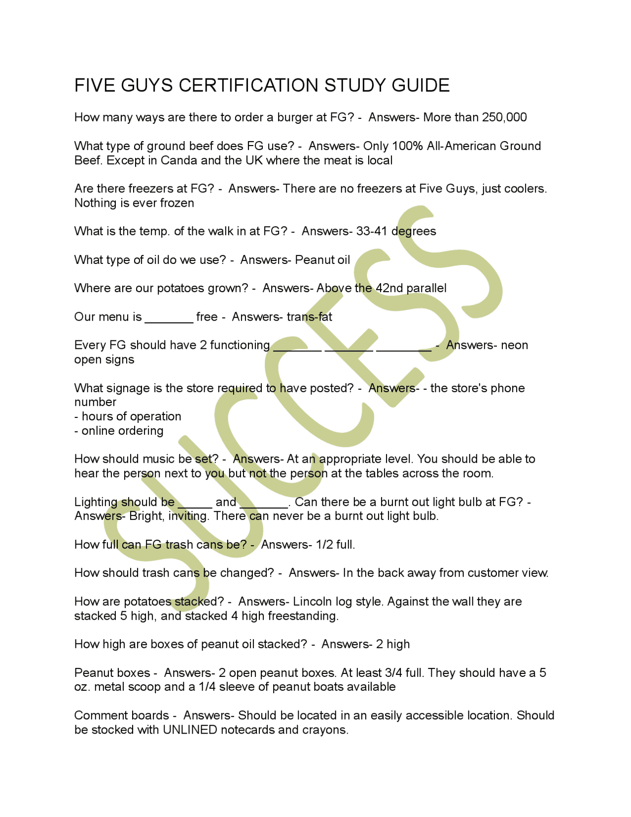 FIVE GUYS CERTIFICATION STUDY GUIDE | Exams Social Sciences | Docsity