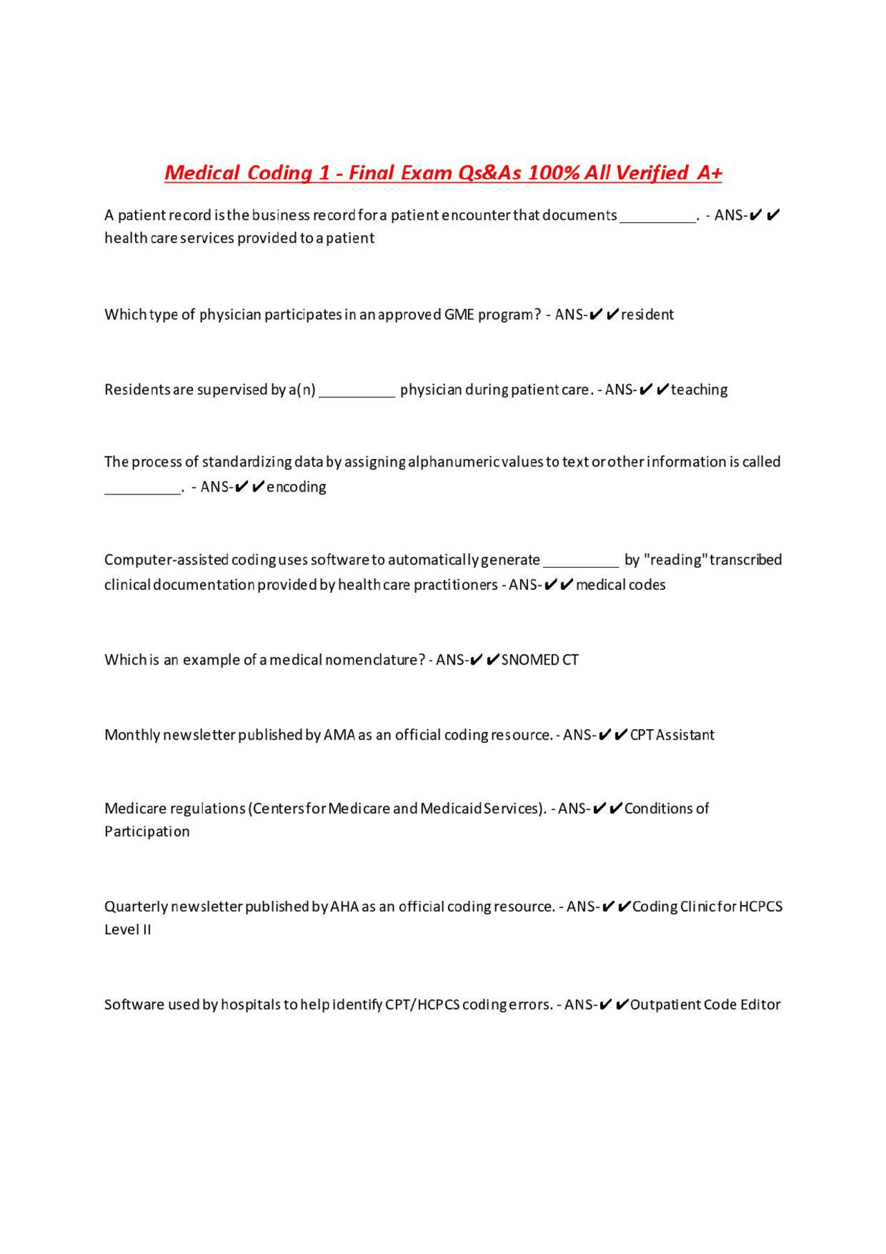 Medical Coding 1 - Final Exam Qs&As 100% All Verified A+ | Exams ...